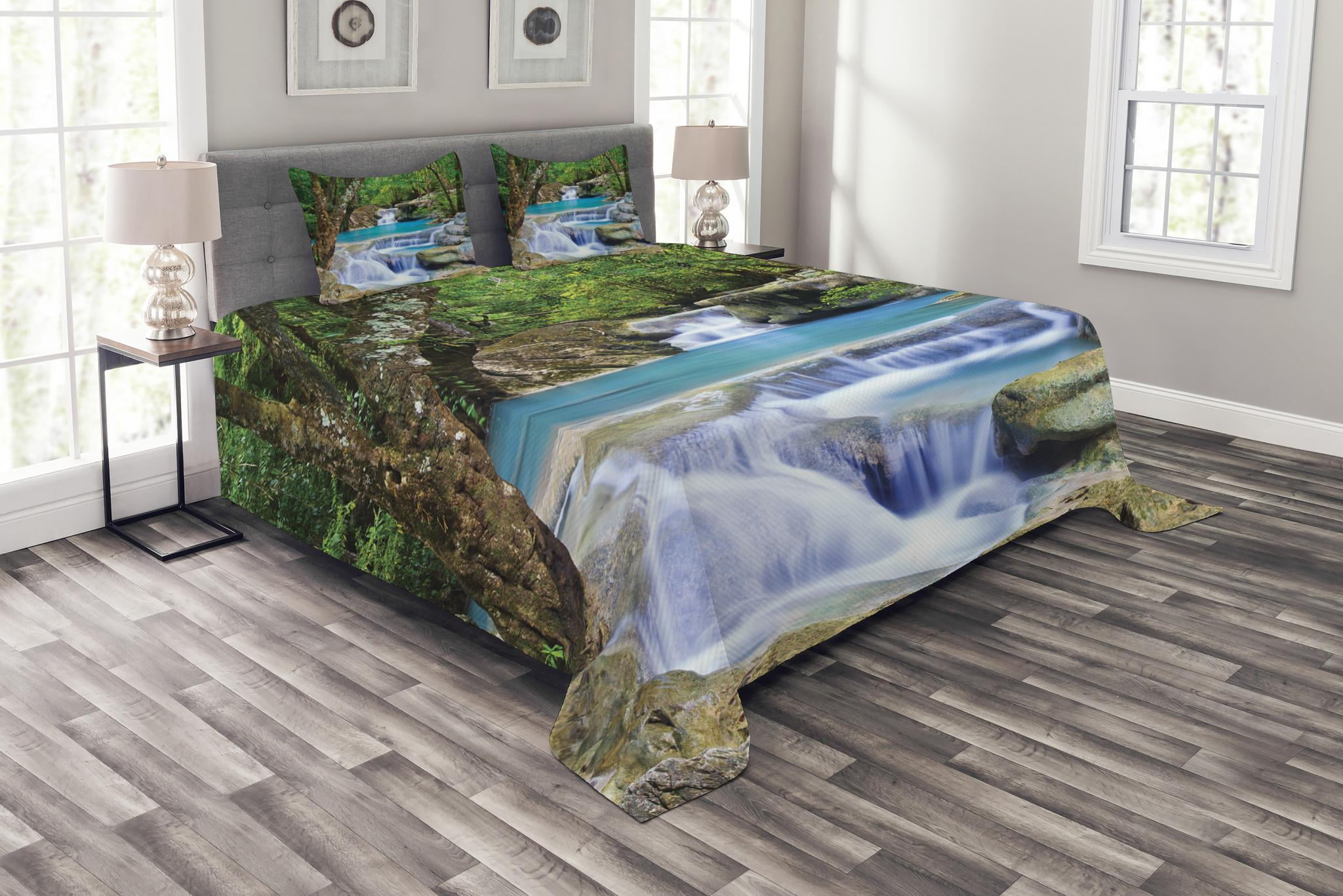 Ambesonne Nature Quilted Bedspread Set 3 Pcs, Rocks in Waterfall Lake ...