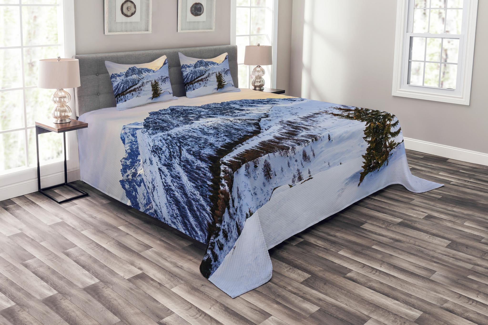 Ambesonne Nature Quilted Bedspread Set 3 Pcs, Snowy Mountain Winter ...