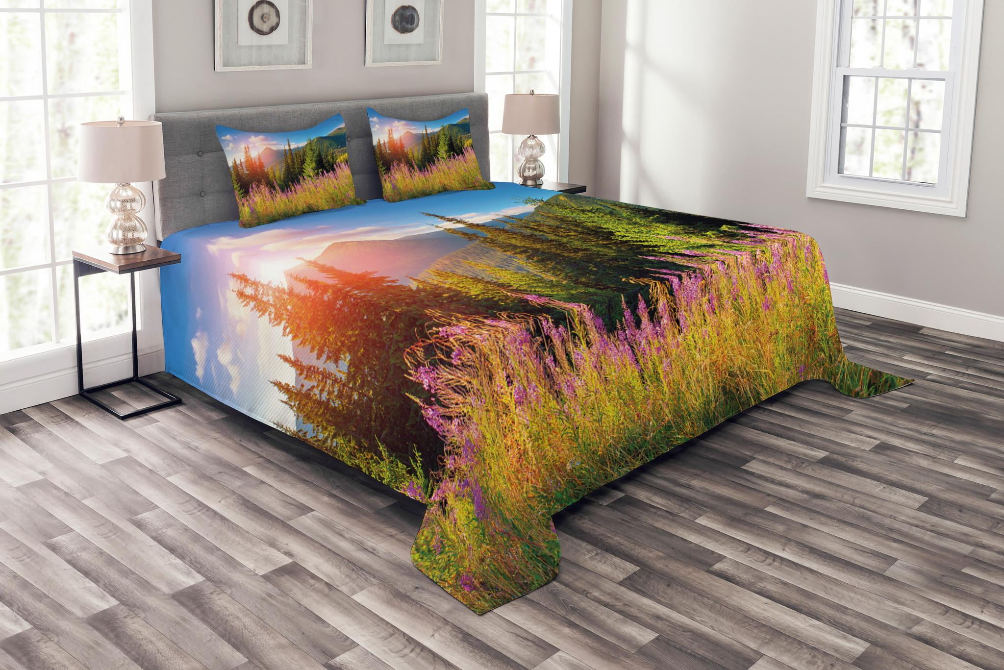 Ambesonne Nature Quilted Bedspread Set 3 Pcs, Spring Flowers Mountain ...