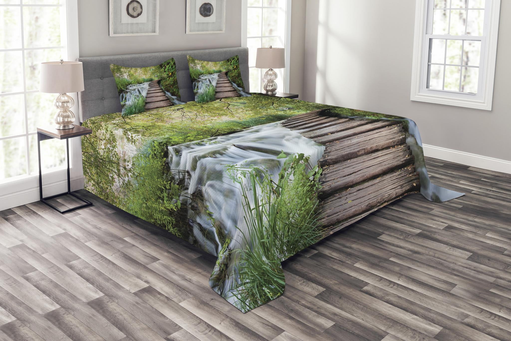 Ambesonne Nature Quilted Bedspread Set 3 Pcs, Stream in Green Jungle ...