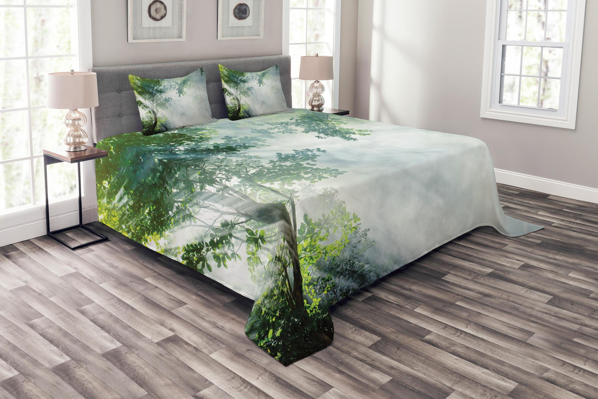 Ambesonne Nature Quilted Bedspread Set 3 Pcs, Sunbeams Shadows Idyllic ...