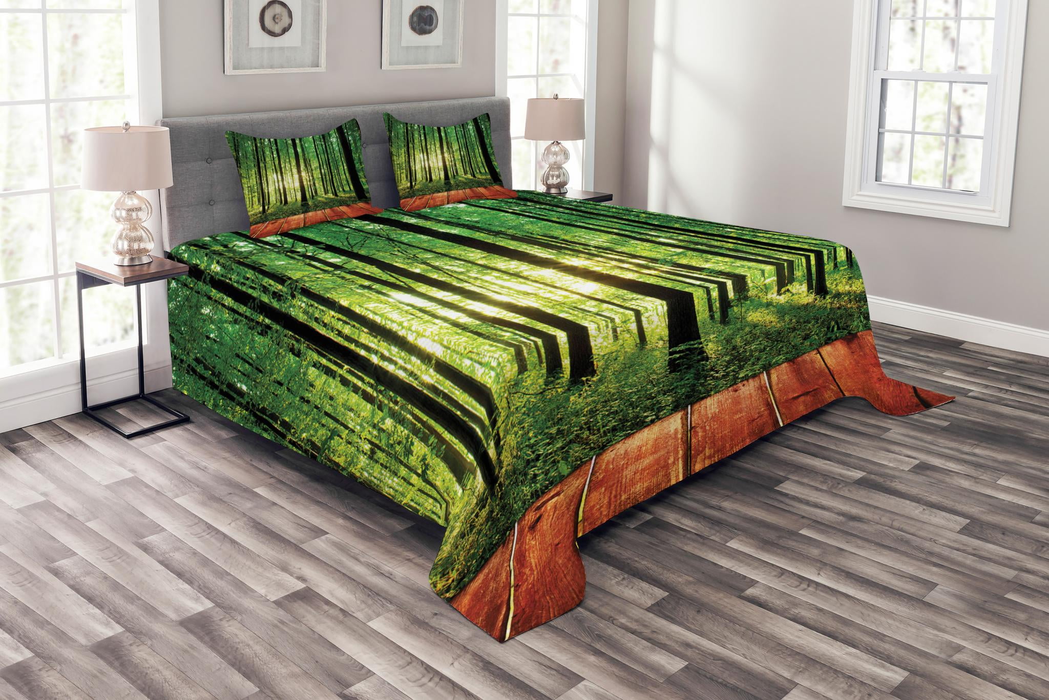 Ambesonne Nature Quilted Bedspread Set 3 Pcs, Sunlight Forest Trees ...
