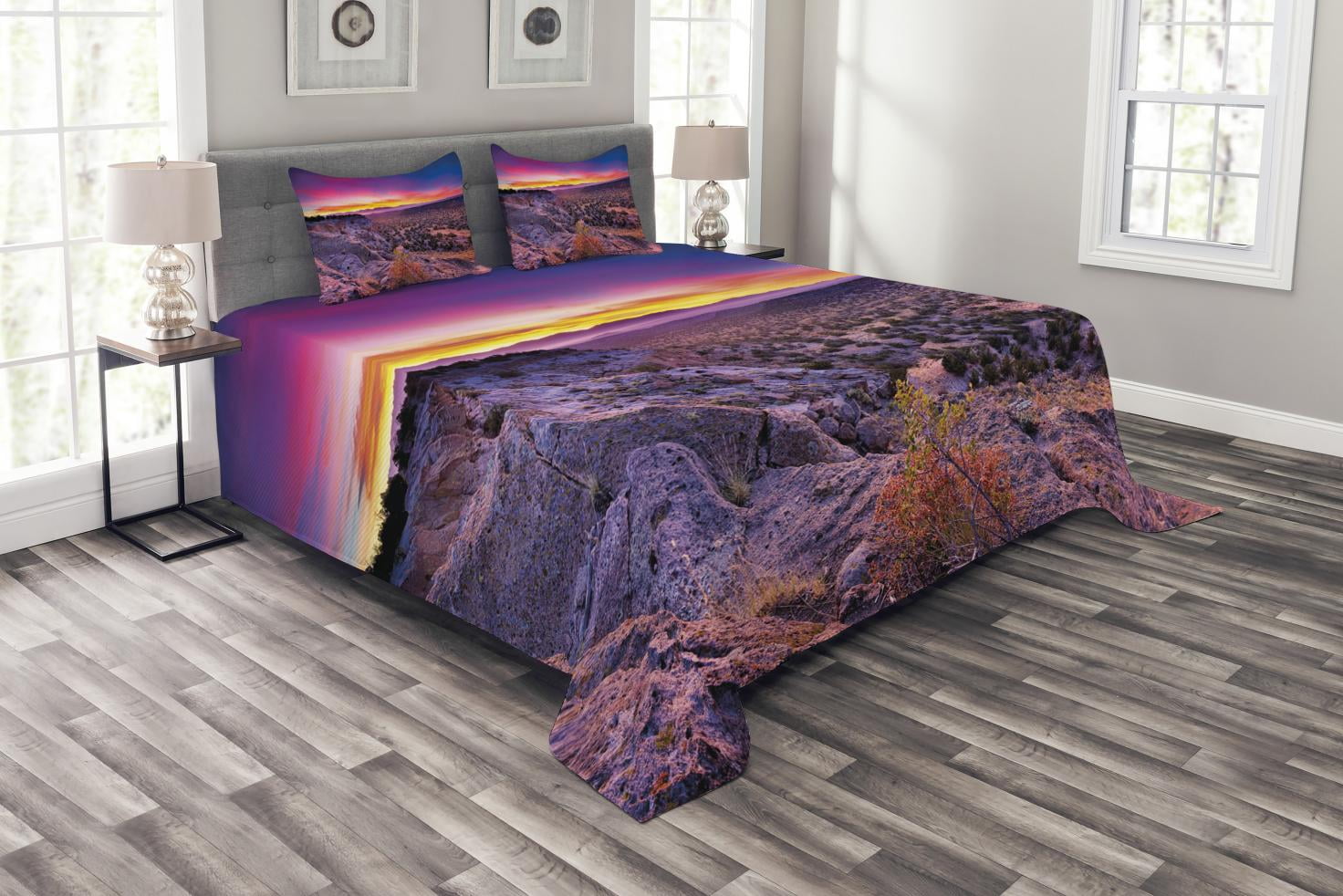 Ambesonne Nature Quilted Bedspread Set 3 Pcs, Sunrise Sky Horizon Dusk ...
