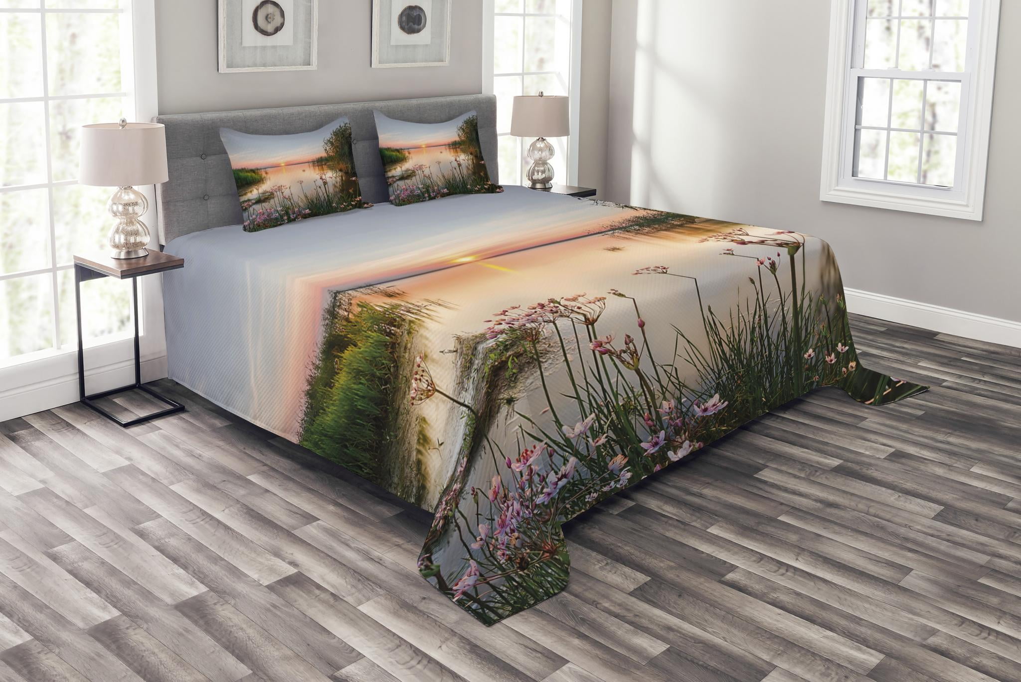 Ambesonne Nature Quilted Bedspread Set 3 Pcs, Sunset at Chudskoy Lake ...