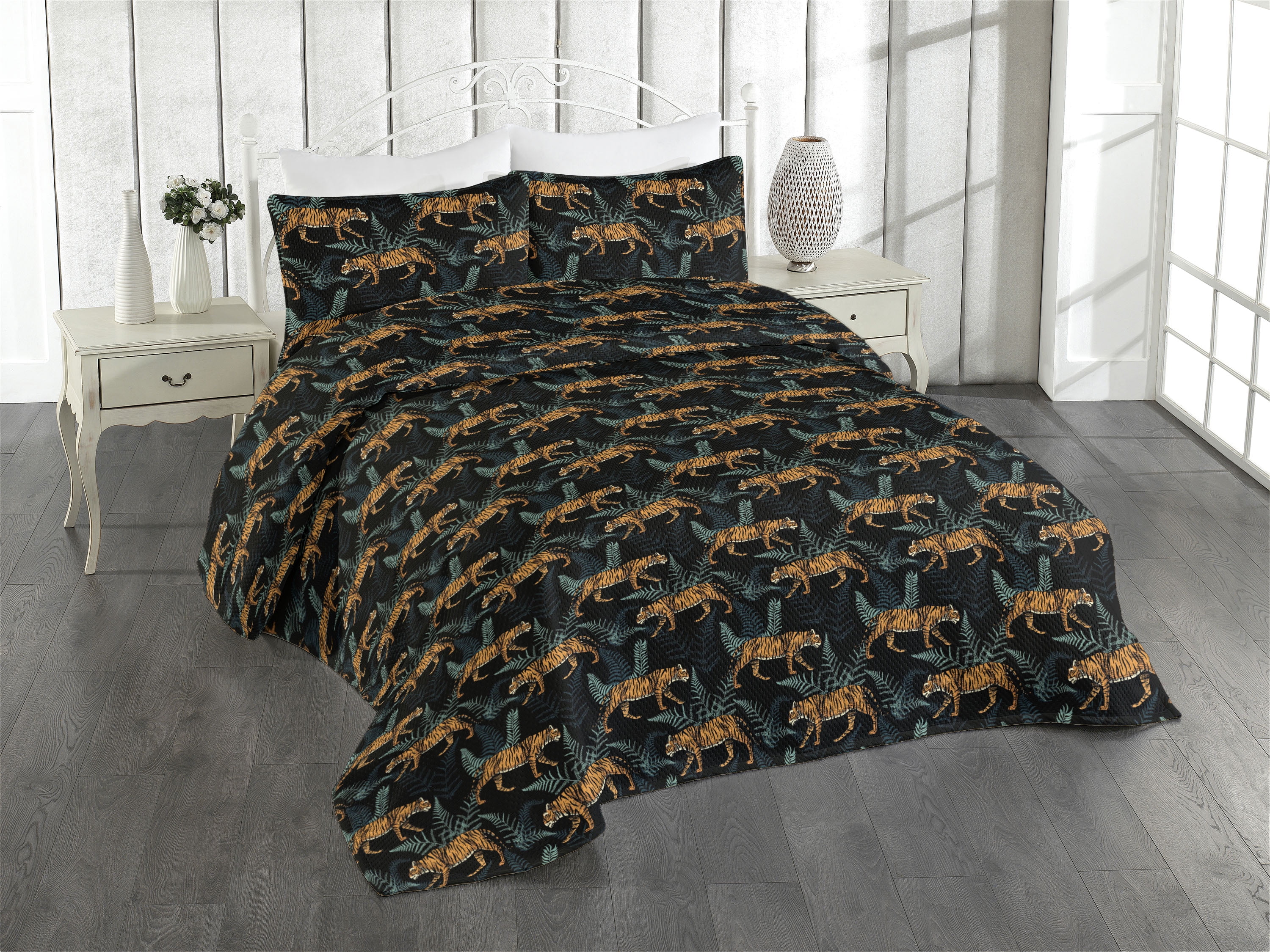Ambesonne Nature Quilted Bedspread Set 3 Pcs, Tiger Illustration With ...