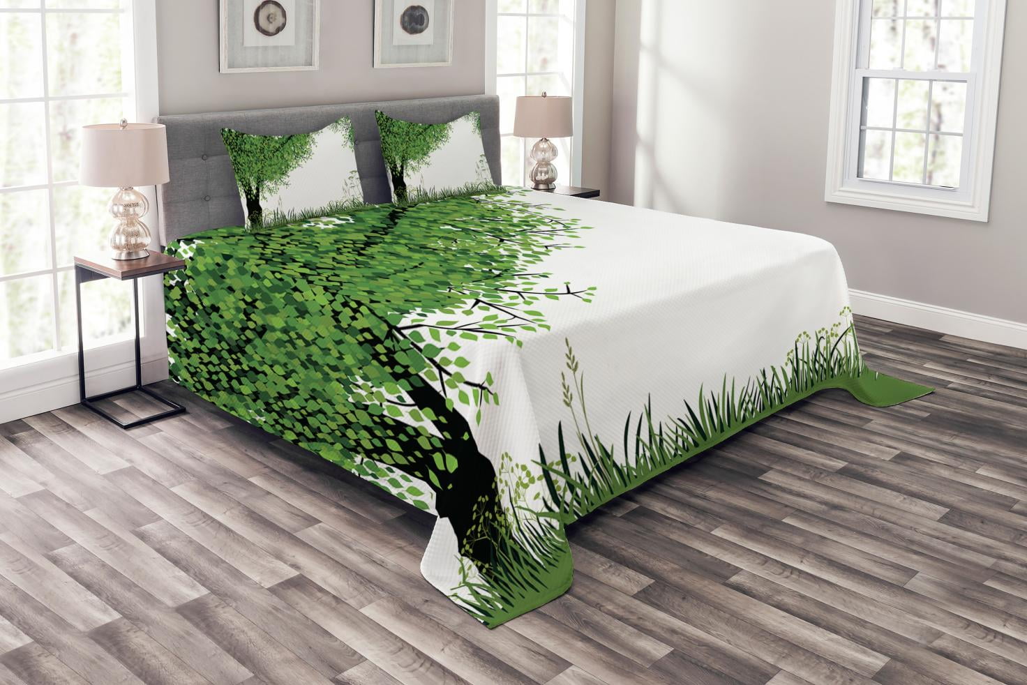 Ambesonne Nature Quilted Bedspread Set 3 Pcs, Tree Grass Summer, Queen ...