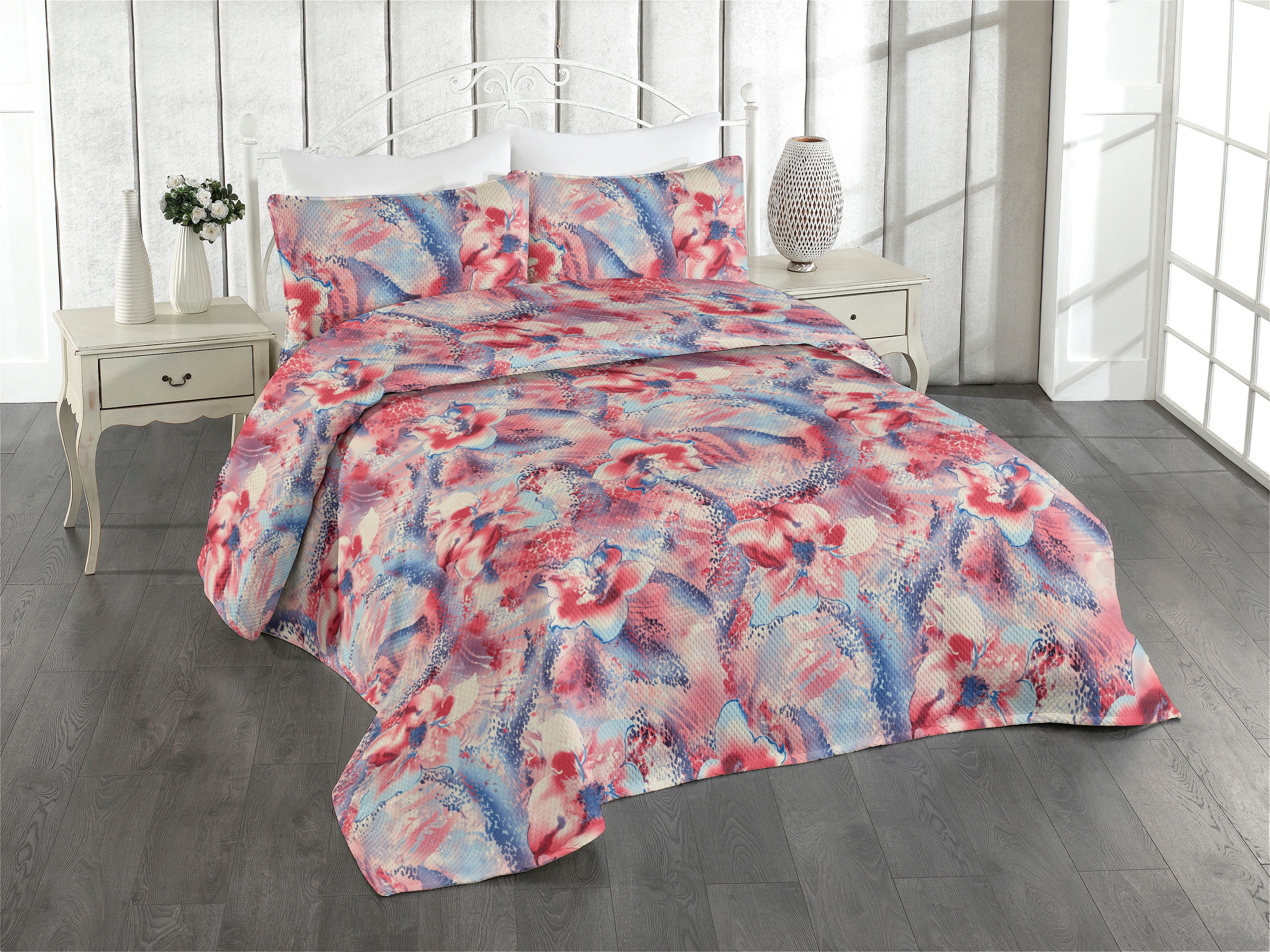 Ambesonne Nature Quilted Bedspread Set 3 Pcs, Tropical Flowers Grungy ...