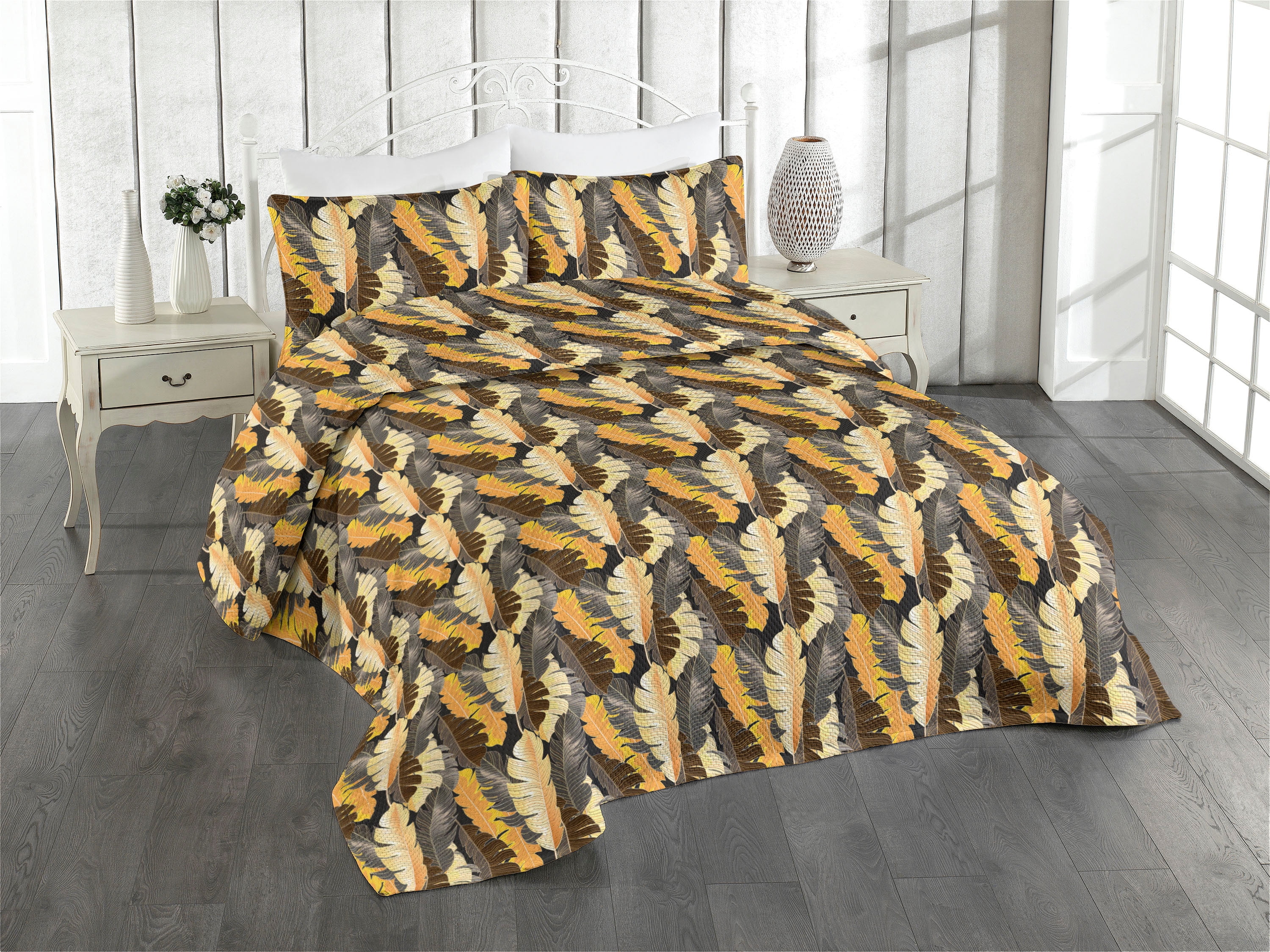Ambesonne Nature Quilted Bedspread Set 3 Pcs, Tropical Leaves Sketch ...