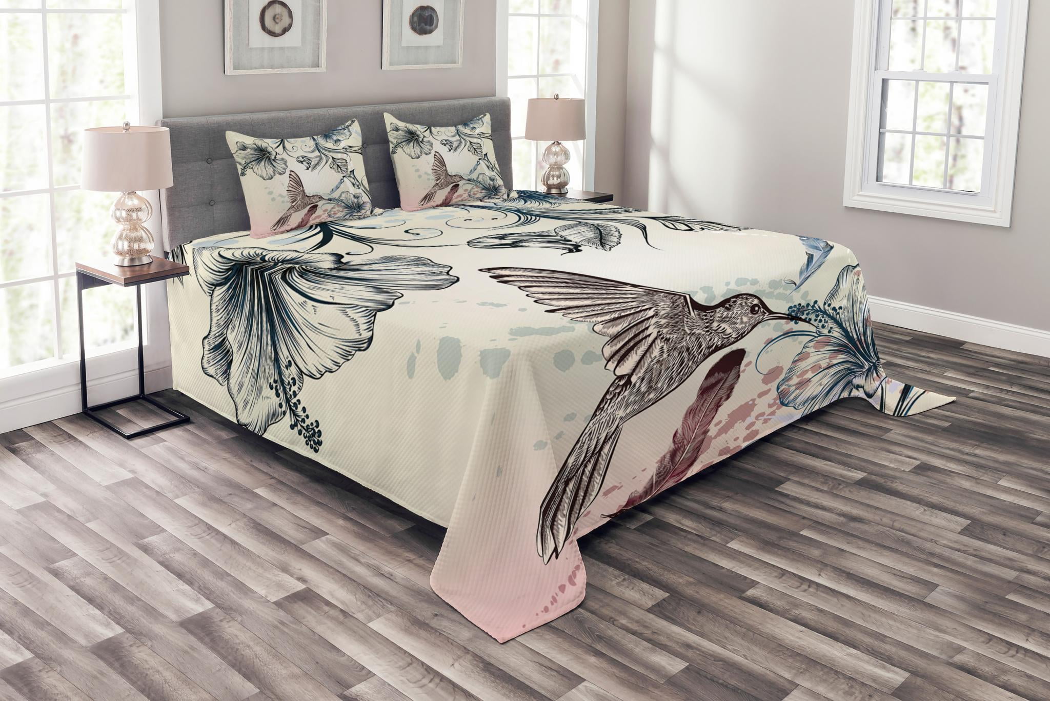 Ambesonne Nature Quilted Bedspread Set 3 Pcs, Vintage Birds Flowers ...