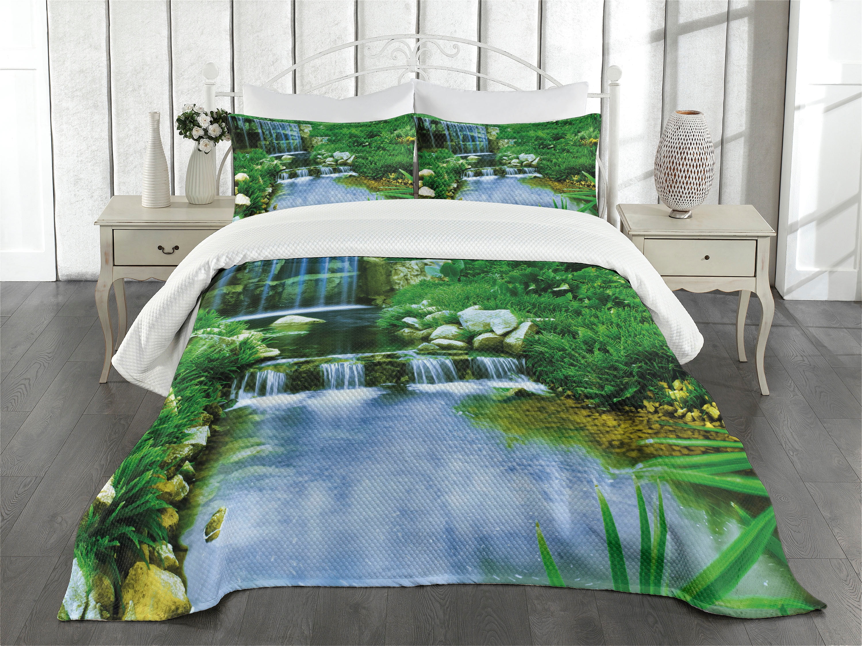 Ambesonne Nature Quilted Bedspread Set 3 Pcs, Waterfall Rocks Forest ...