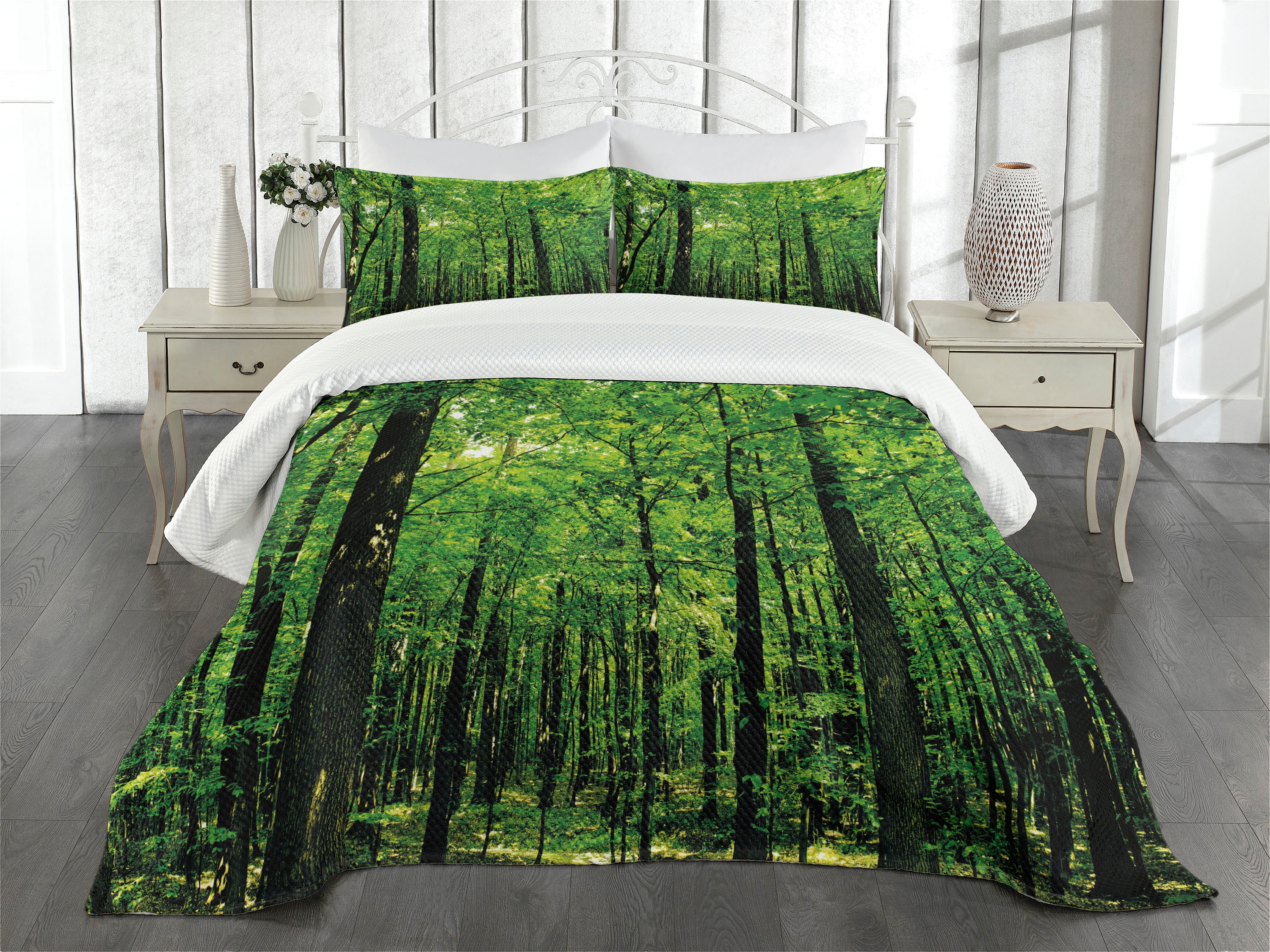 Ambesonne Nature Quilted Bedspread Set 3 Pcs, Woodland Tree Forest Sun ...