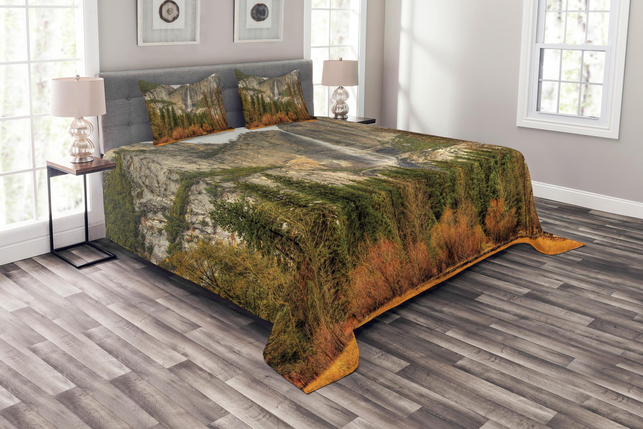 Ambesonne Nature Quilted Bedspread Set 3 Pcs, Yosemite Falls Trees ...