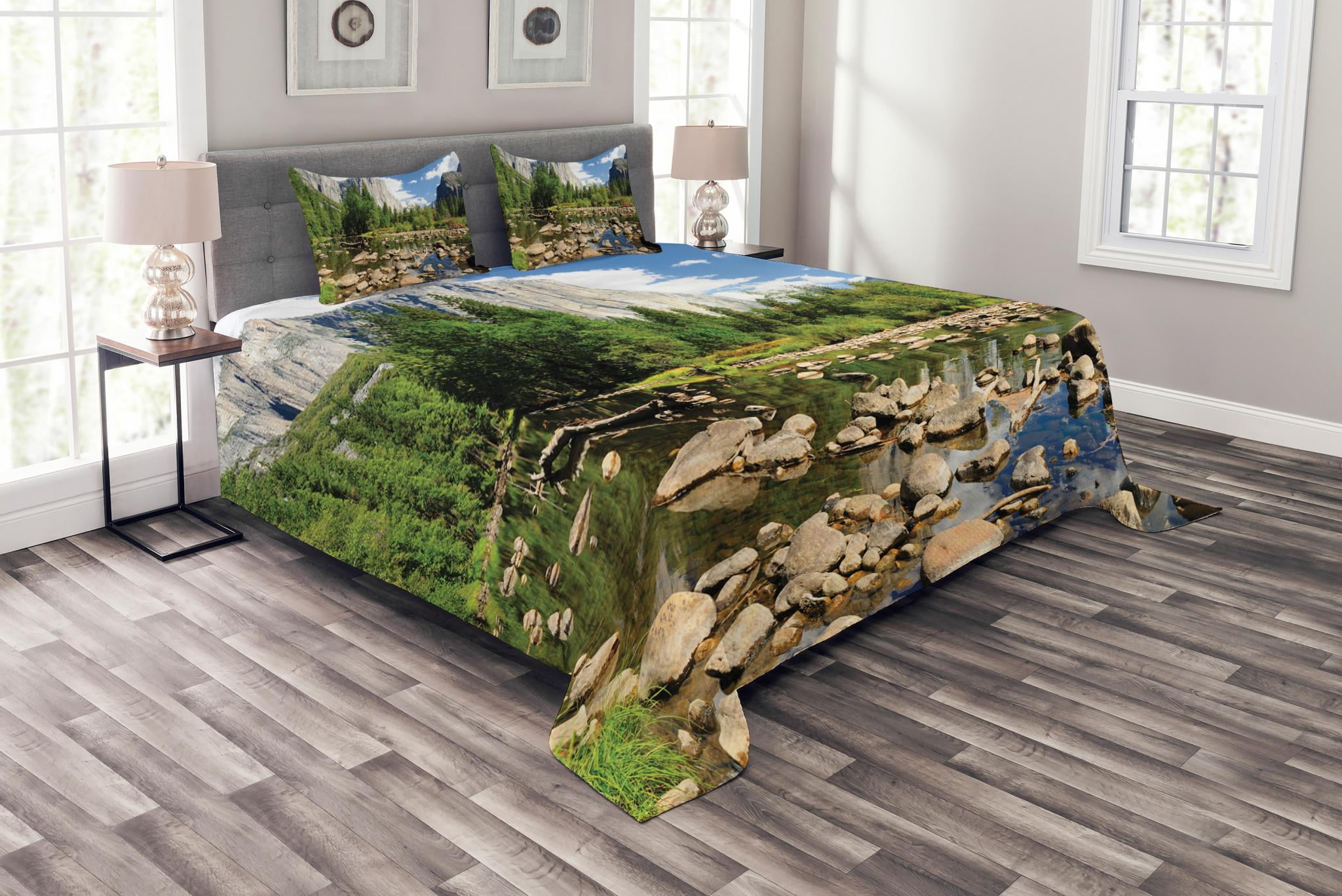 Ambesonne Nature Quilted Bedspread Set 3 Pcs, Yosemite Forest River ...