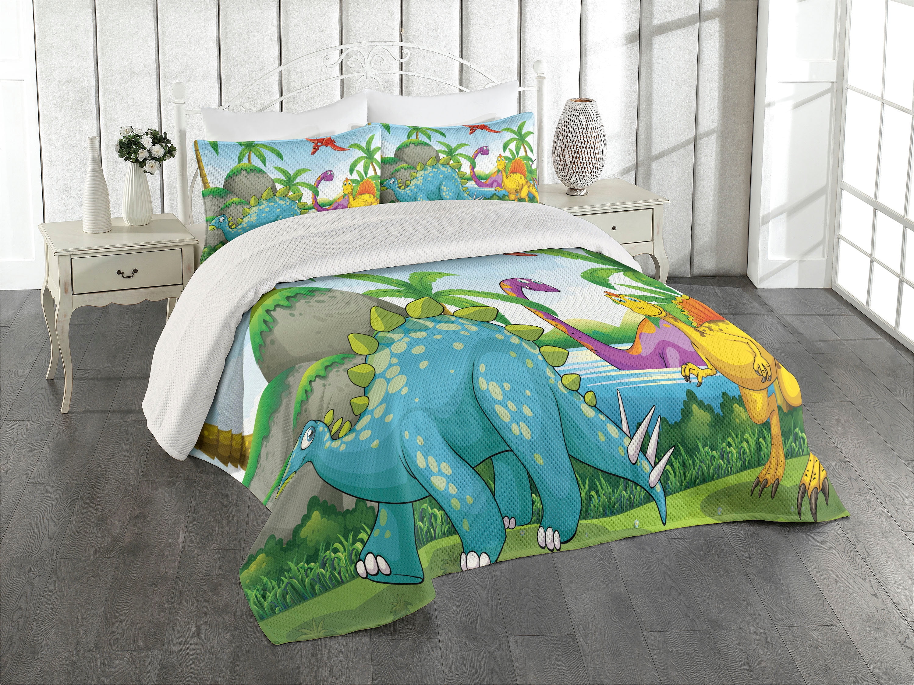 Ambesonne Nature Quilted Coverlet 3 Pcs, Dinosaurs in the Jungle, Queen ...