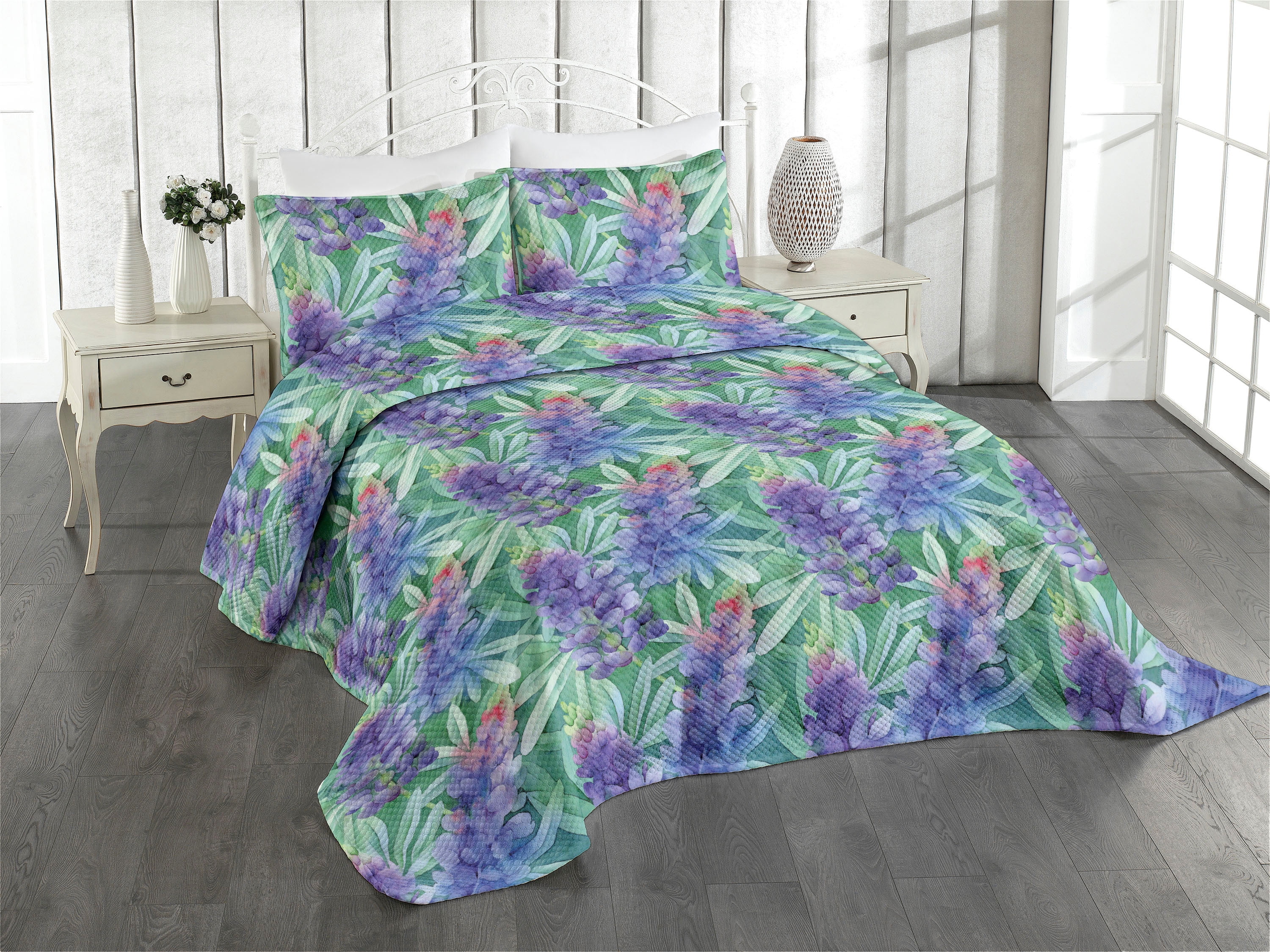 Ambesonne Nature Quilted Coverlet 3 Pcs, Garden Botany Lupine Sketch ...