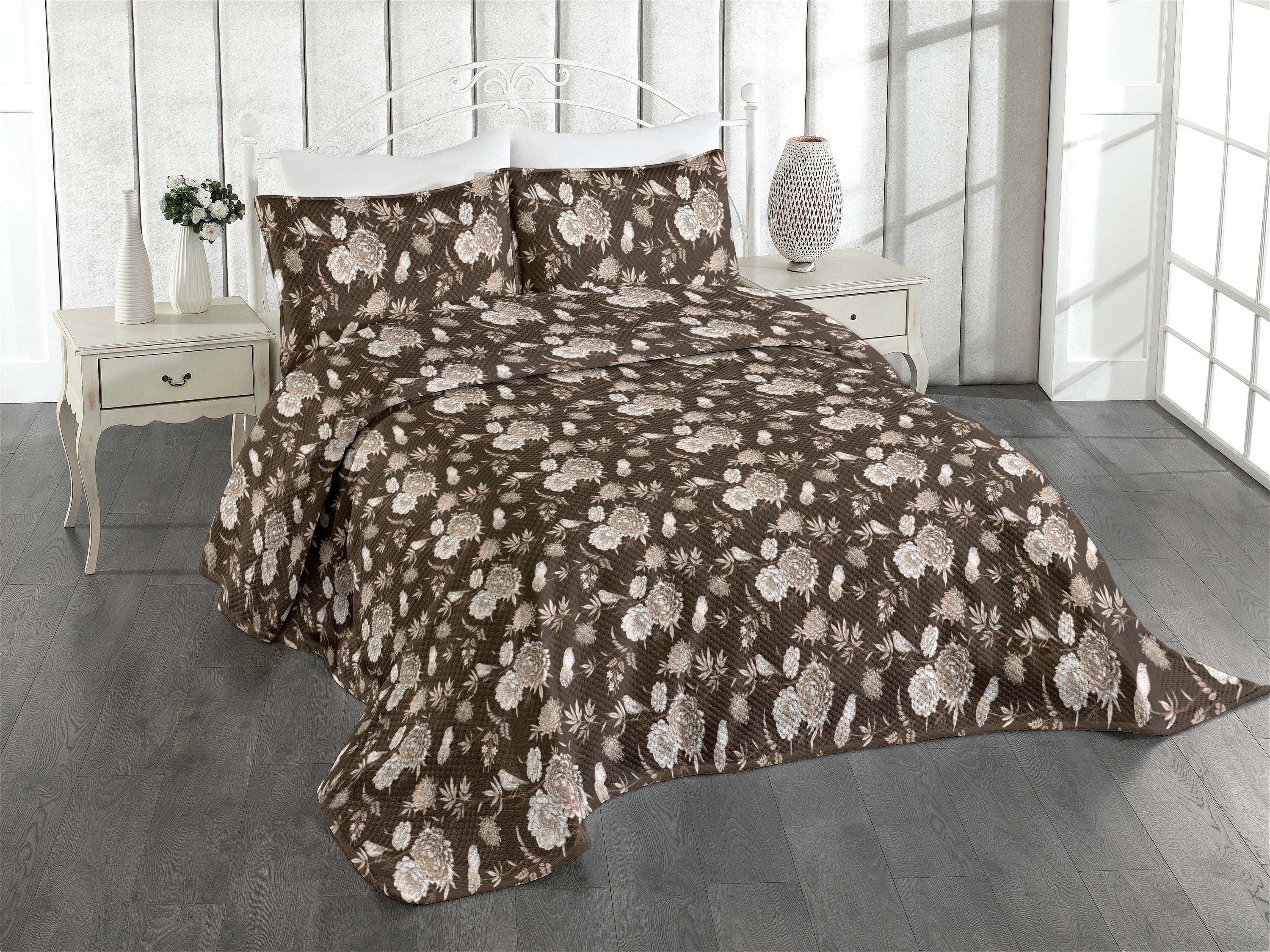 Ambesonne Nature Quilted Coverlet 3 Pcs, Monochrome Bird Sketch Art ...