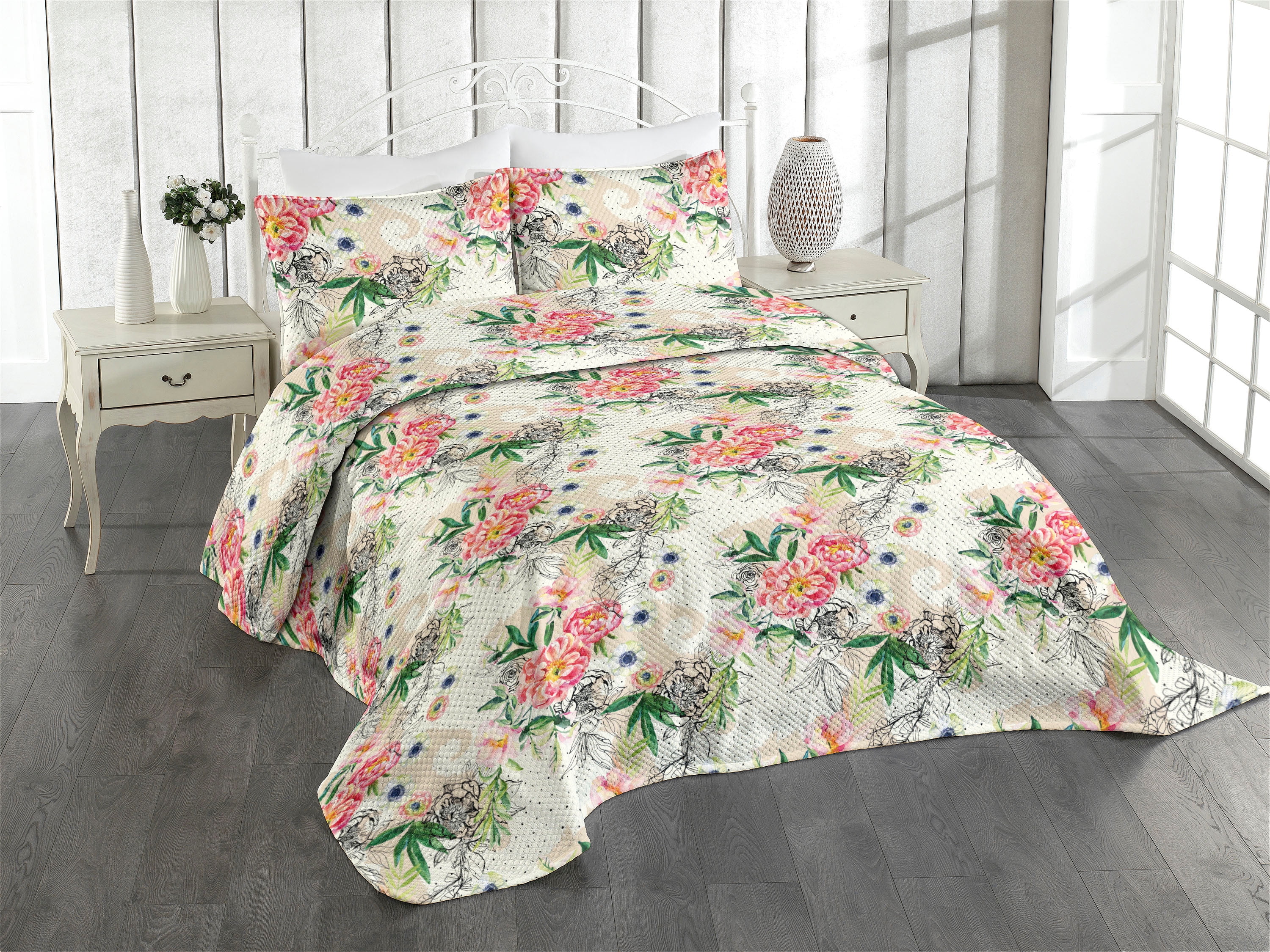 Ambesonne Nature Quilted Coverlet 3 Pcs, Watercolor Flowers Dots Art ...