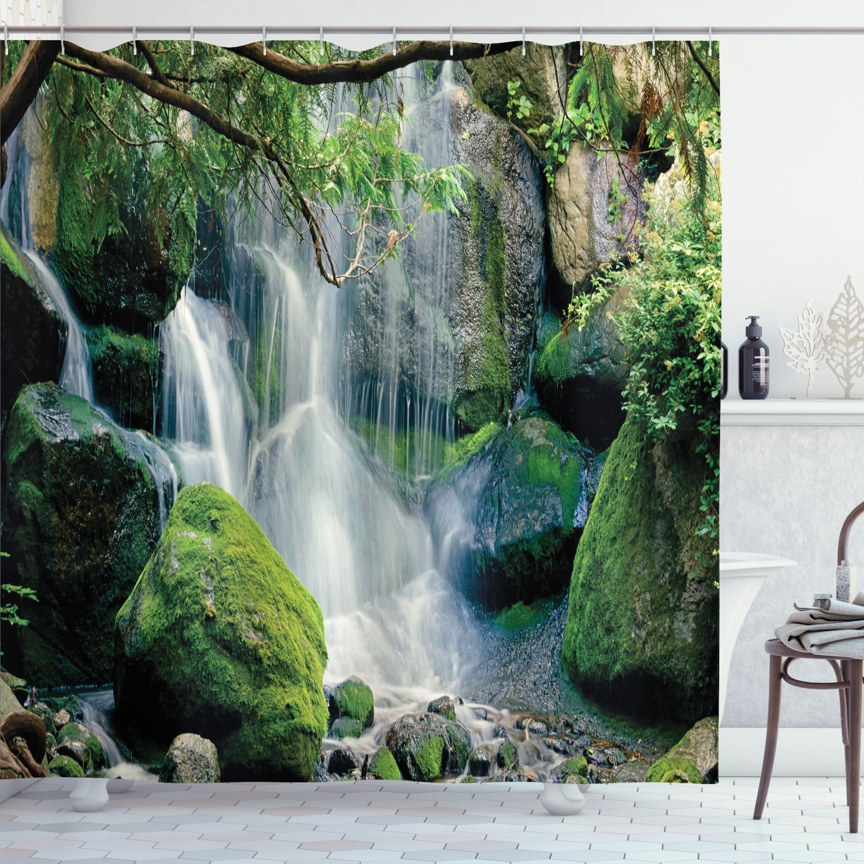 Ambesonne Nature Scene Shower Curtain, Waterfall Flows Rocks, 69"Wx84"L ...