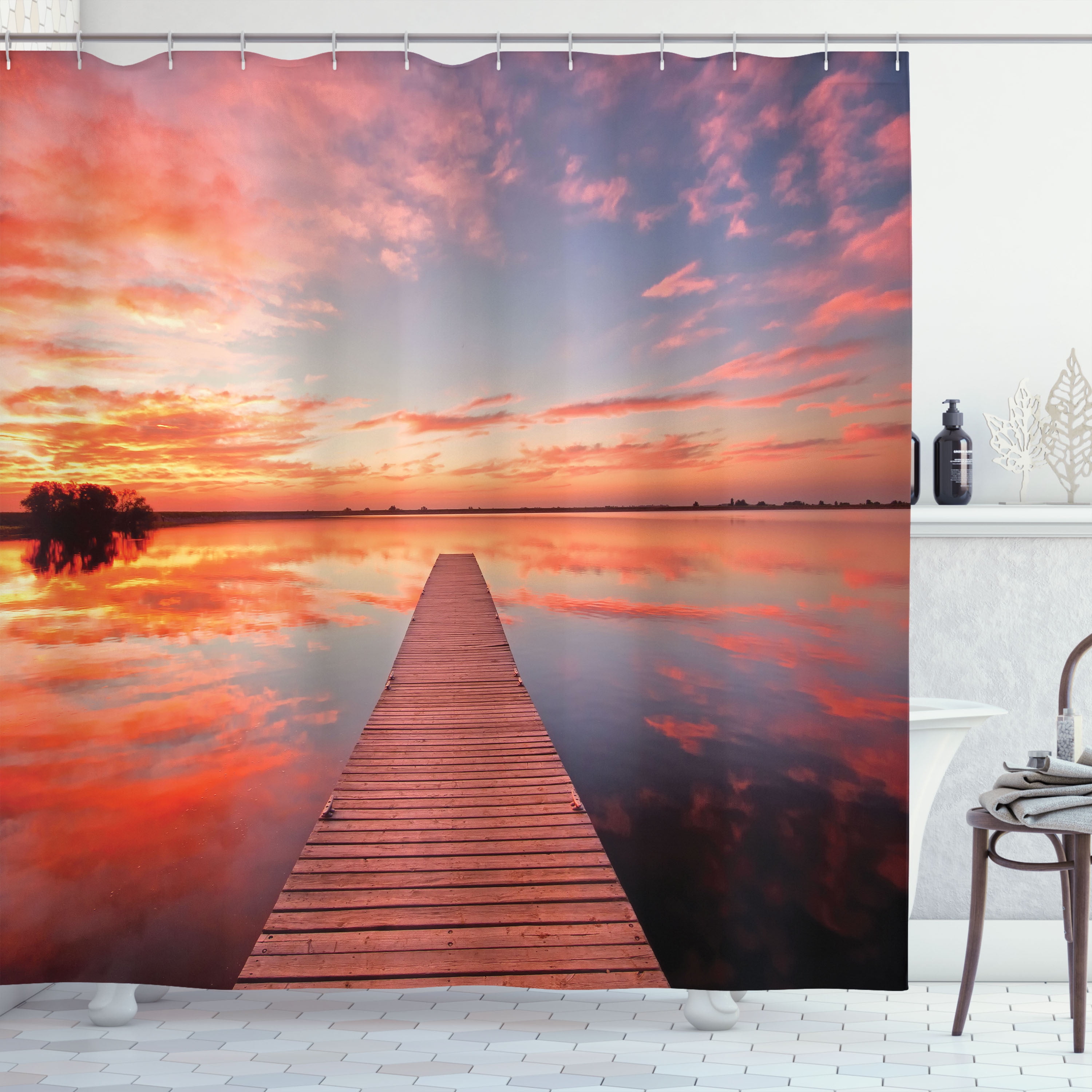 Ambesonne Nature Shower Curtain, Pathway Sunset at Ocean, 69"Wx70"L ...