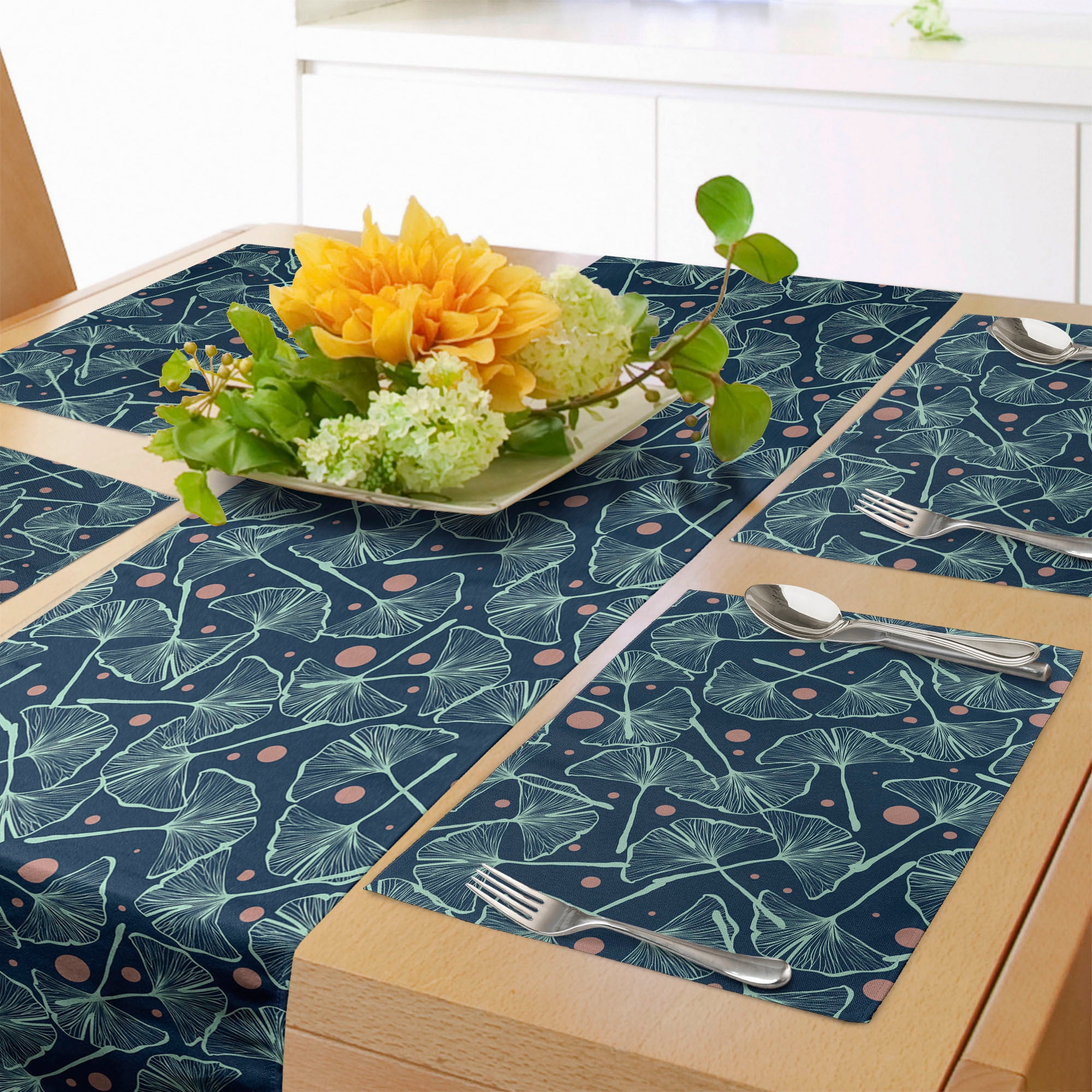 Ambesonne Nature Table Runner & Placemats, Ginkgo Biloba Leaves ...