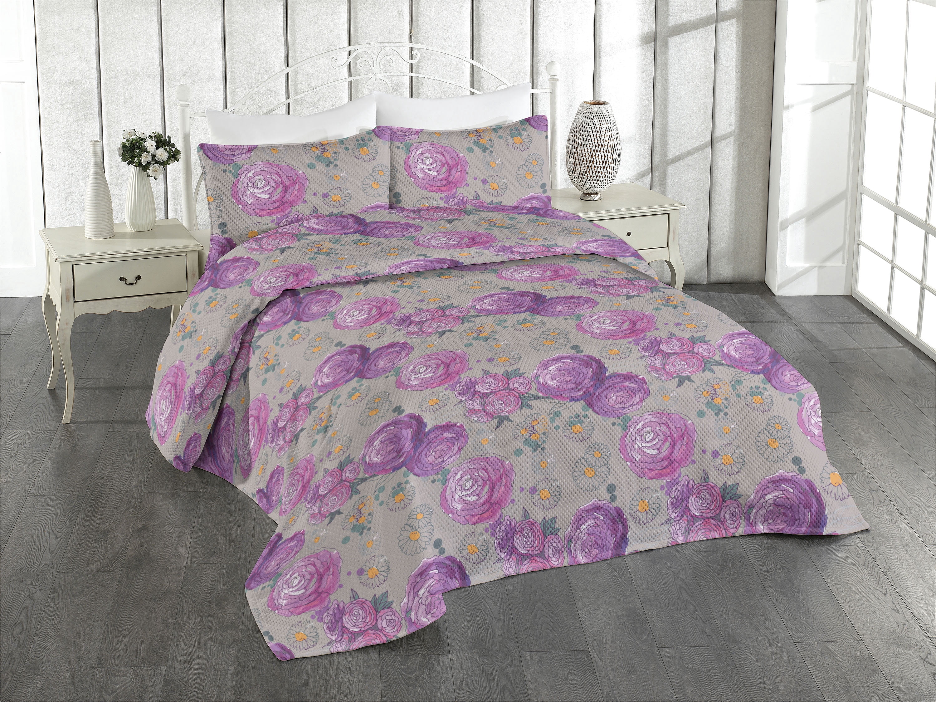 Ambesonne Nature Themed Quilted Bedspread Set 3 Pcs, Garden Spring Boho ...