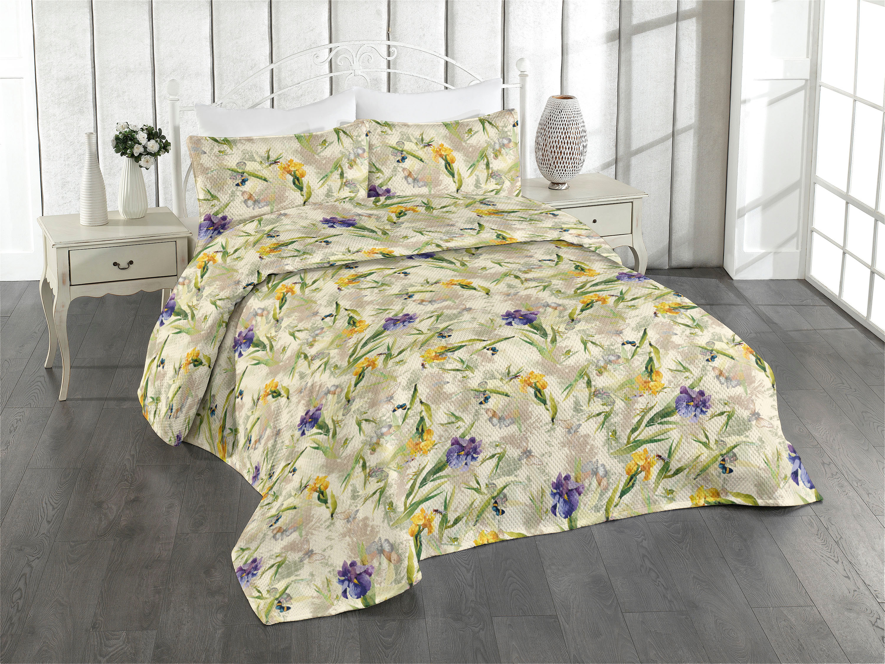 Ambesonne Nature Themed Quilted Bedspread Set 3 Pcs, Spring Butterfly ...