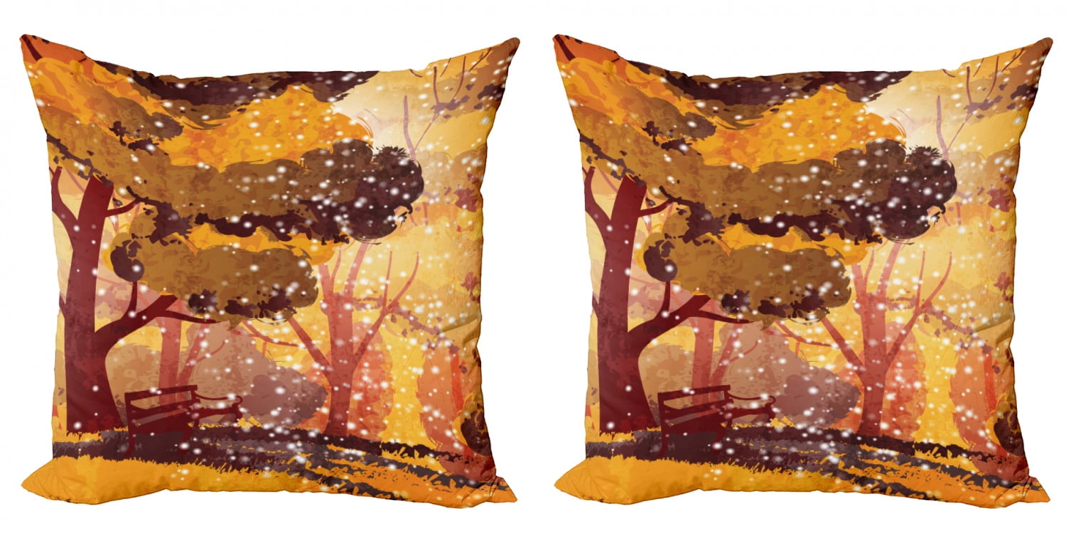 Ambesonne Nature Throw Pillow Cover 2 Pack, Trees and Bench Snowfall ...