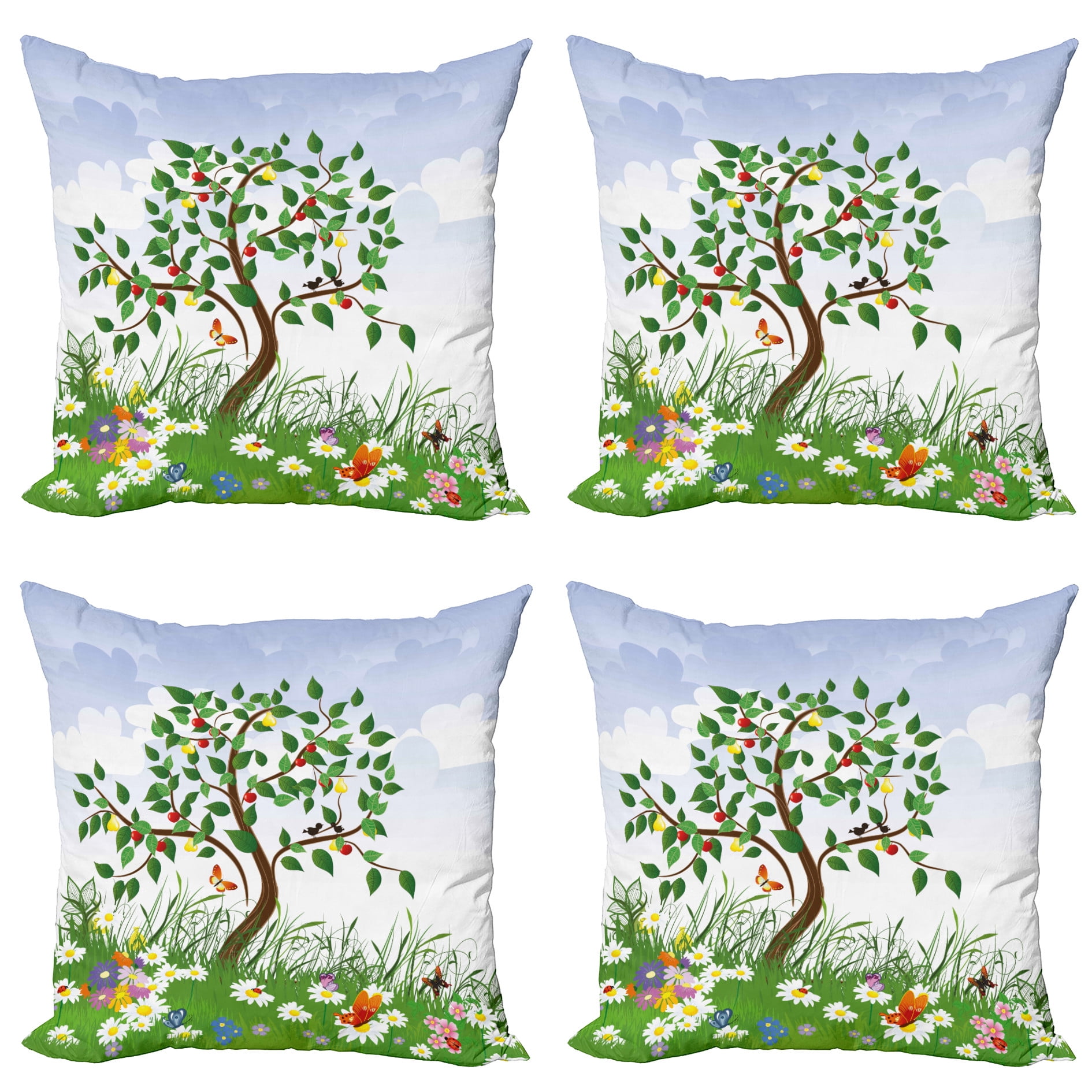 Ambesonne Nature Throw Pillow Cover 4 Pack, Cartoon Garden Colorful, 16 ...