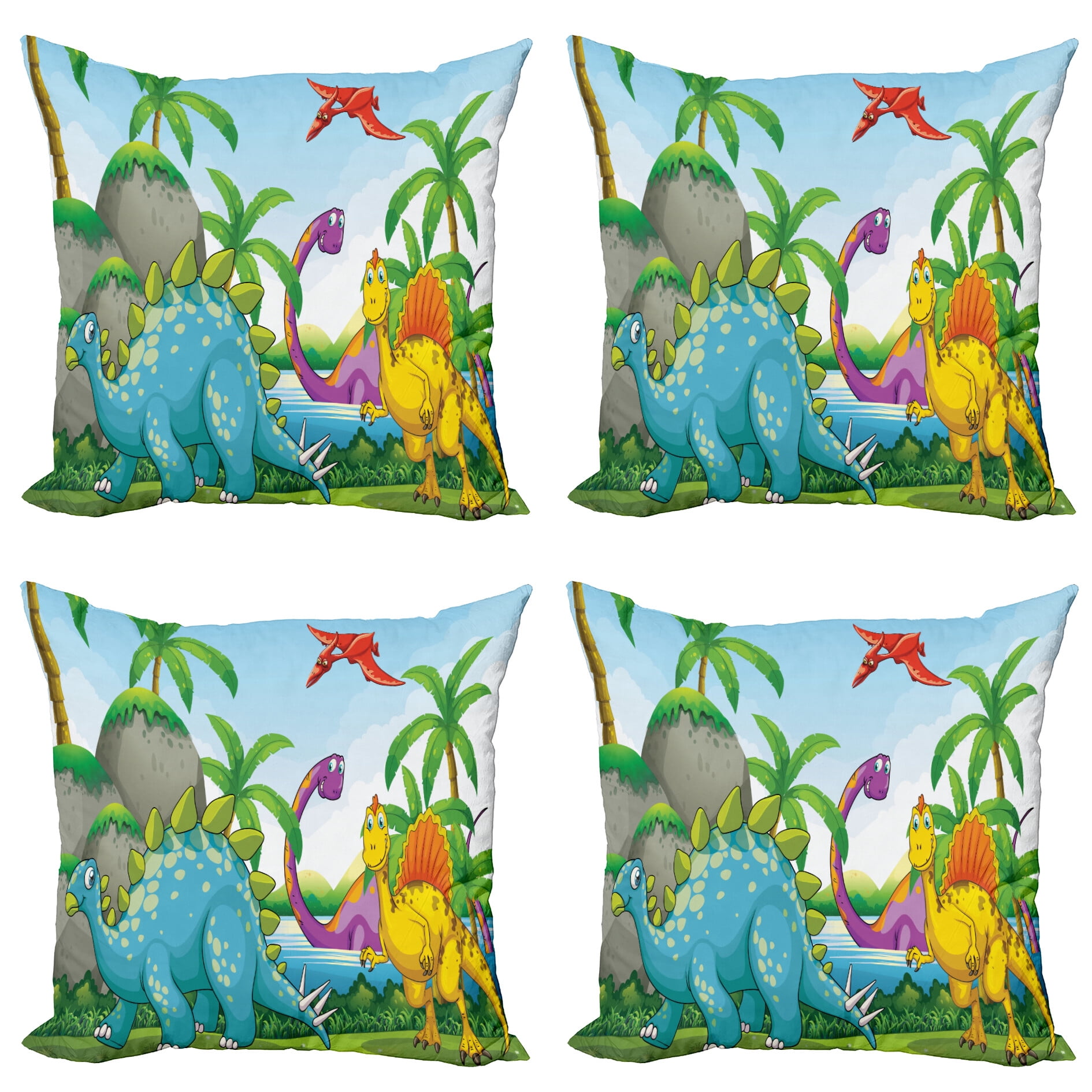 Ambesonne Nature Throw Pillow Cover 4 Pack, Dinosaurs in the Jungle, 20 ...