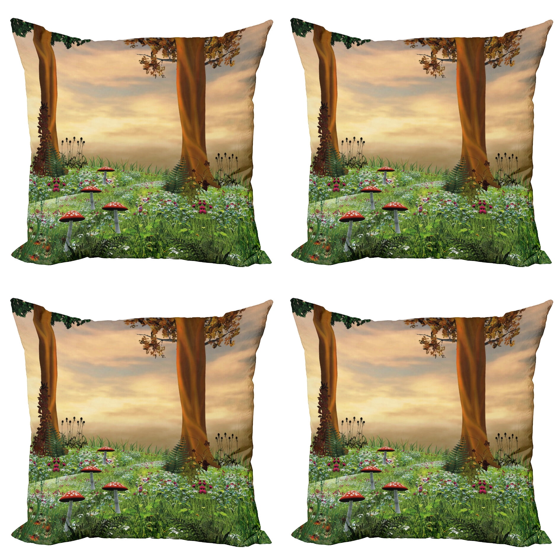 Ambesonne Nature Throw Pillow Cover 4 Pack, Enchanted Woods Sunset, 20 ...
