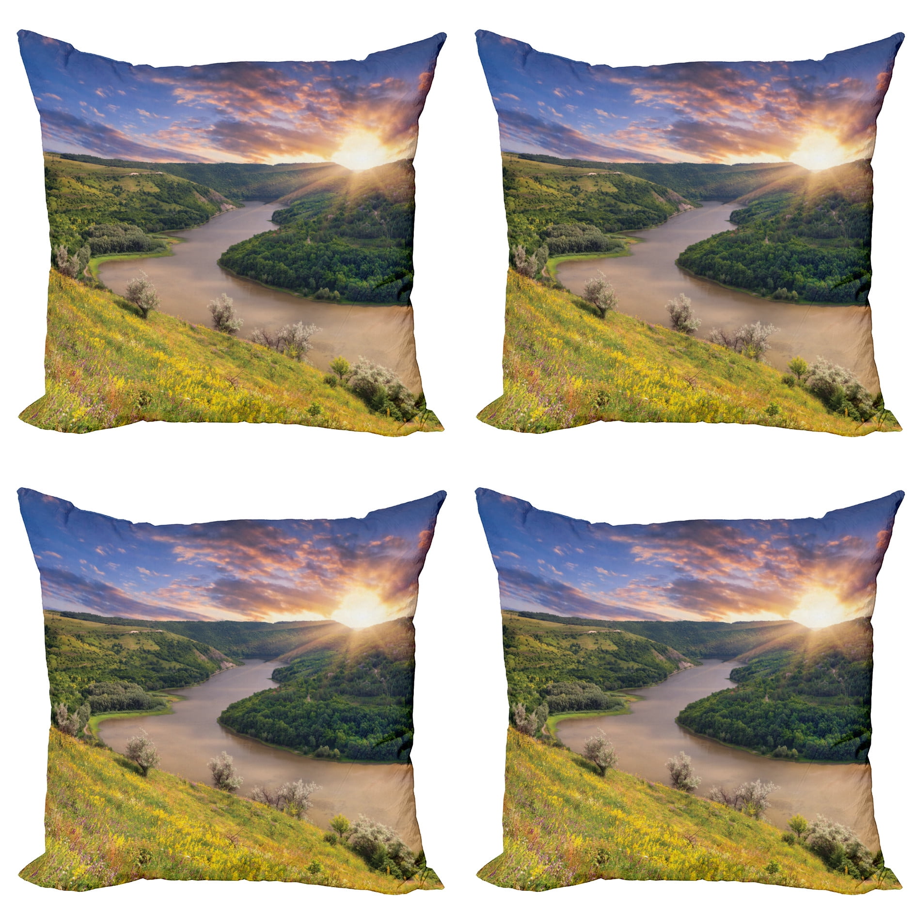 Ambesonne Nature Throw Pillow Cover 4 Pack, Rising Sun Calm River, 18 ...