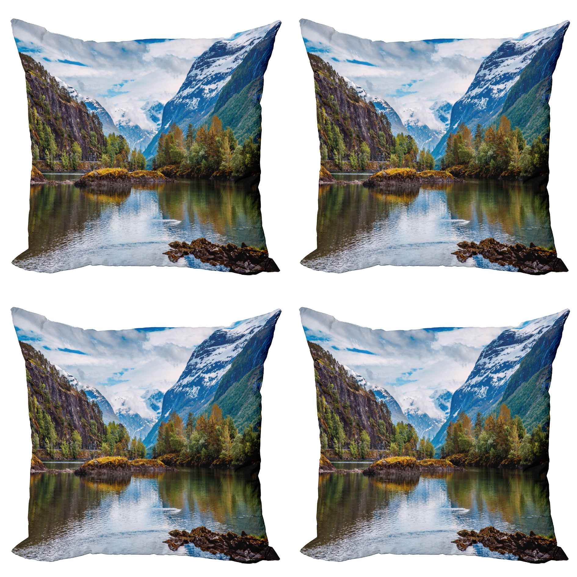 Ambesonne Nature Throw Pillow Cover 4 Pack, Snowy Norway Mountains, 16 ...