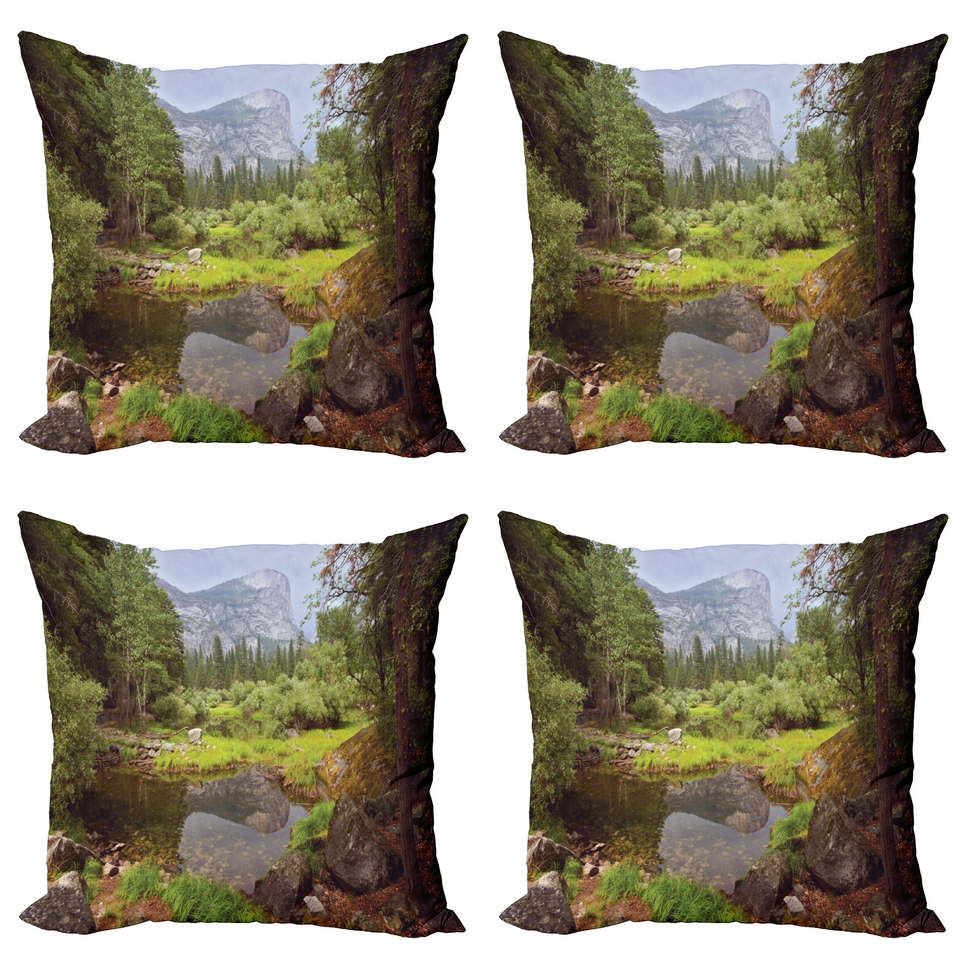 Ambesonne Nature Throw Pillow Cover 4 Pack, Spring Forest Mountain, 24 ...