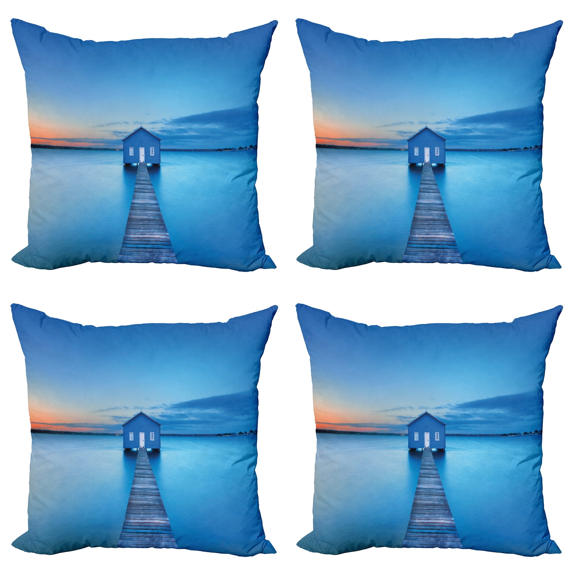 Ambesonne Nature Throw Pillow Cover 4 Pack, Sunrise Lakehouse Cabin, 24 ...