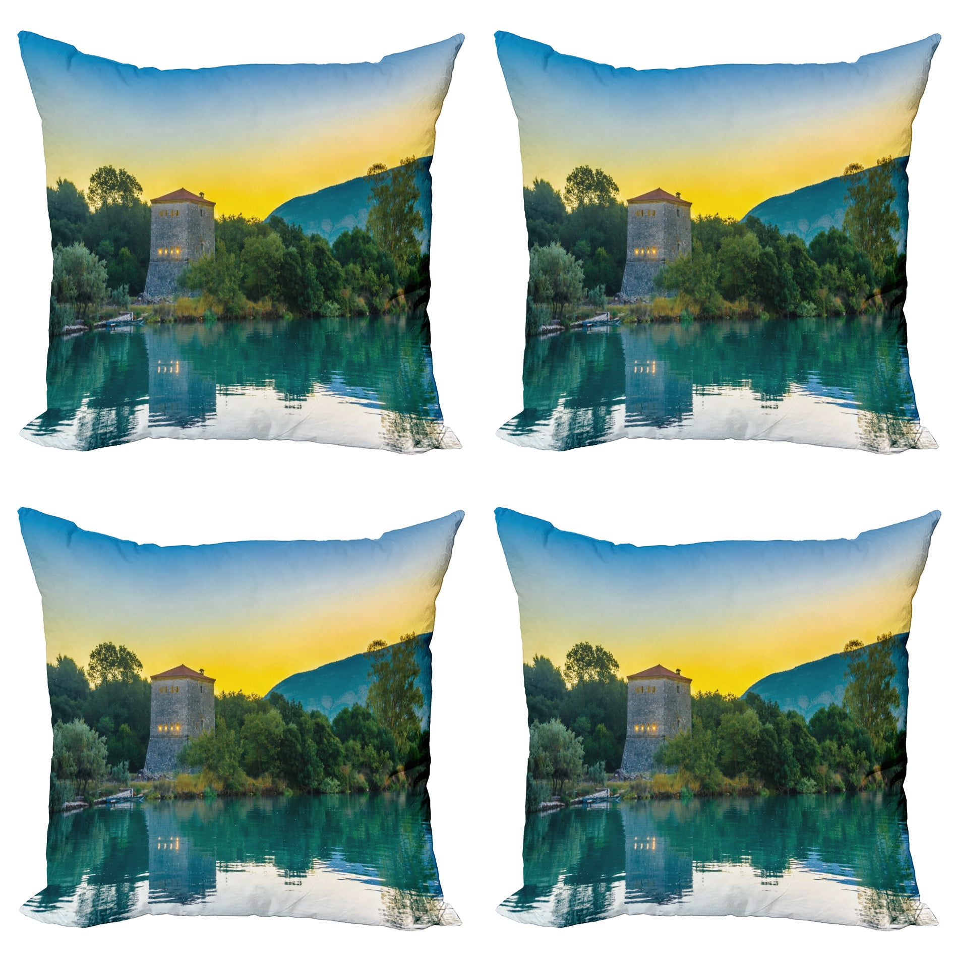 Ambesonne Nature Throw Pillow Cover 4 Pack, Sunrise at Lake, 16", Blue ...