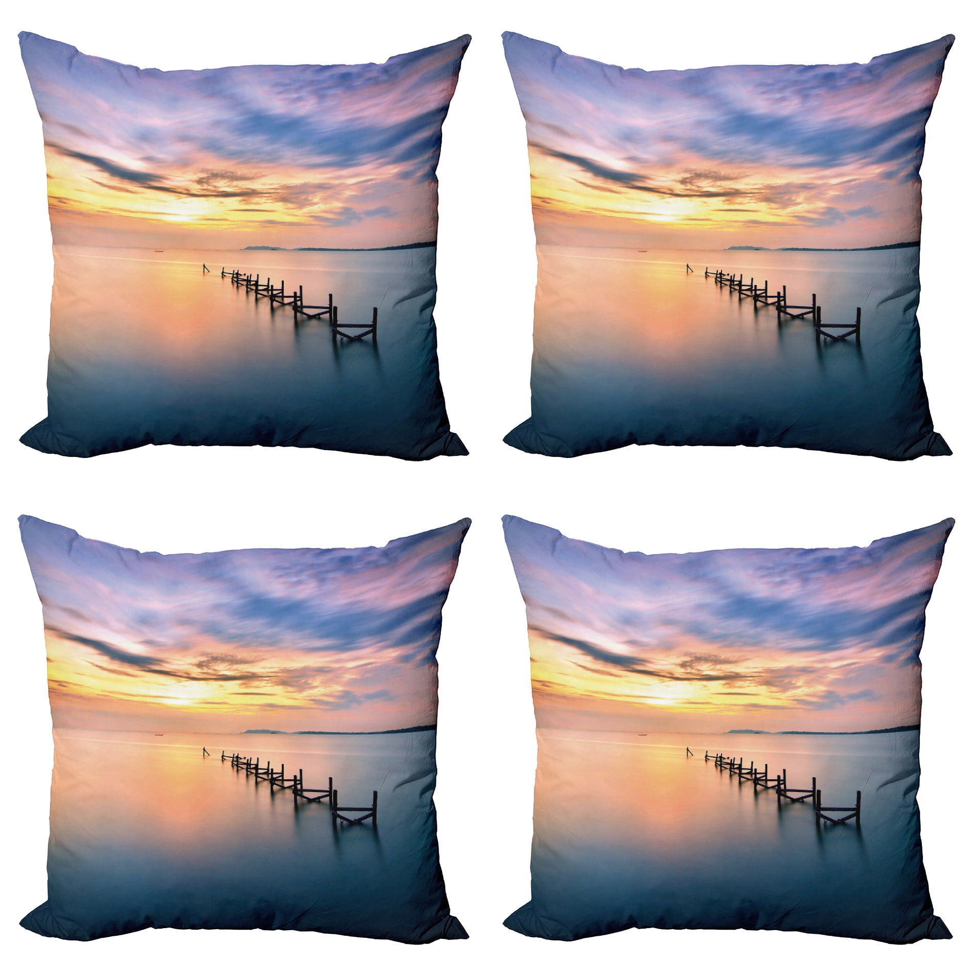 Ambesonne Nature Throw Pillow Cover 4 Pack, Sunset Abandoned Jetty, 24 ...