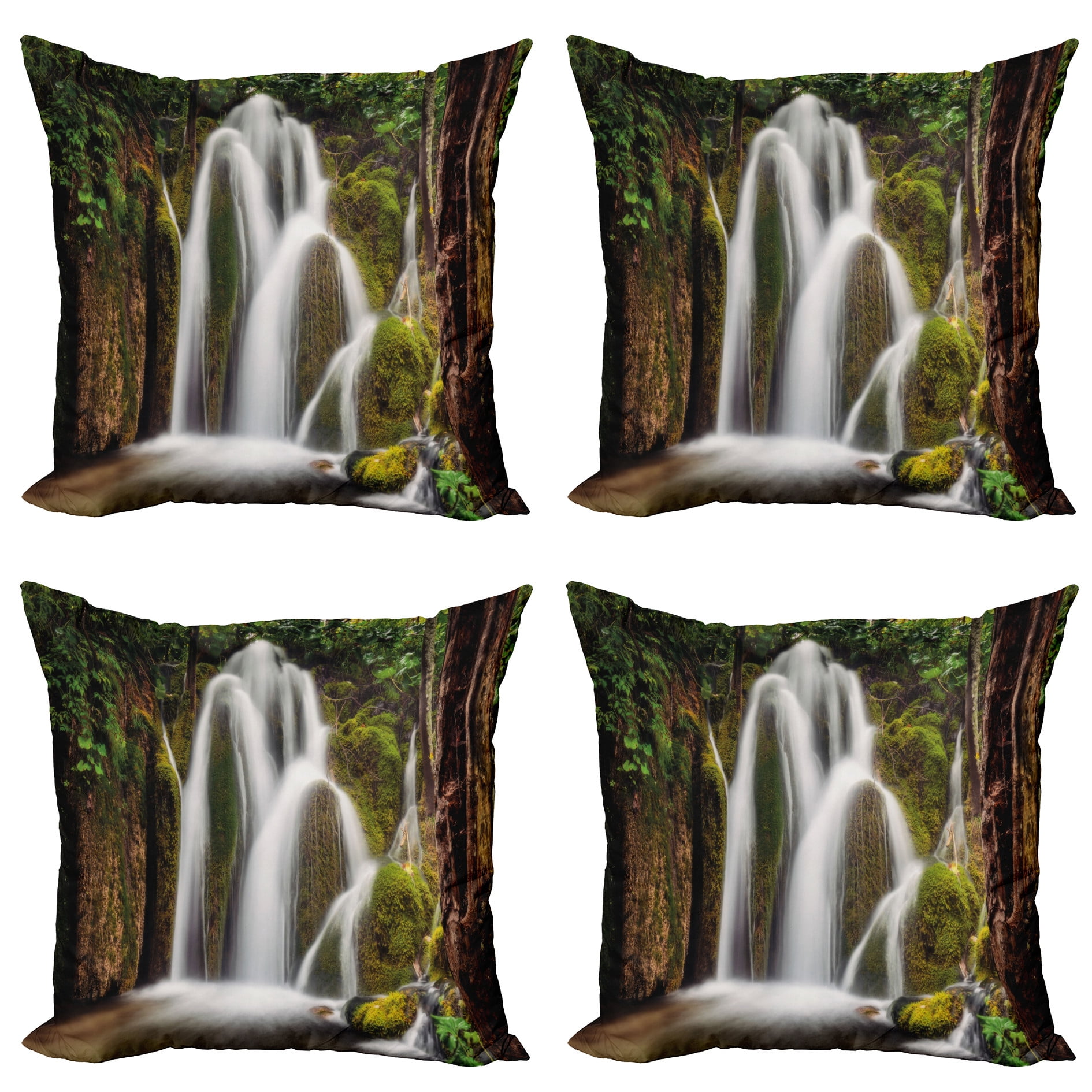 Ambesonne Nature Throw Pillow Cover 4 Pack, Waterfall Forest Cascade ...
