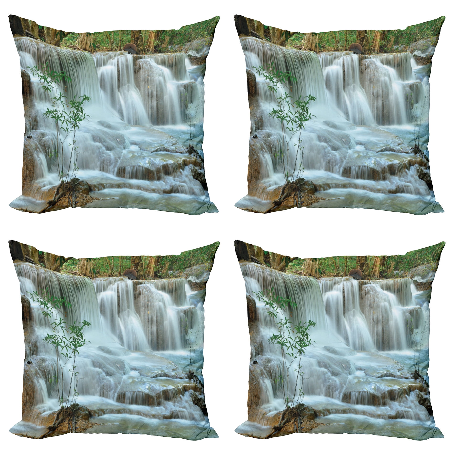 Ambesonne Nature Throw Pillow Cover 4 Pack, Waterfall Jungle Stream ...
