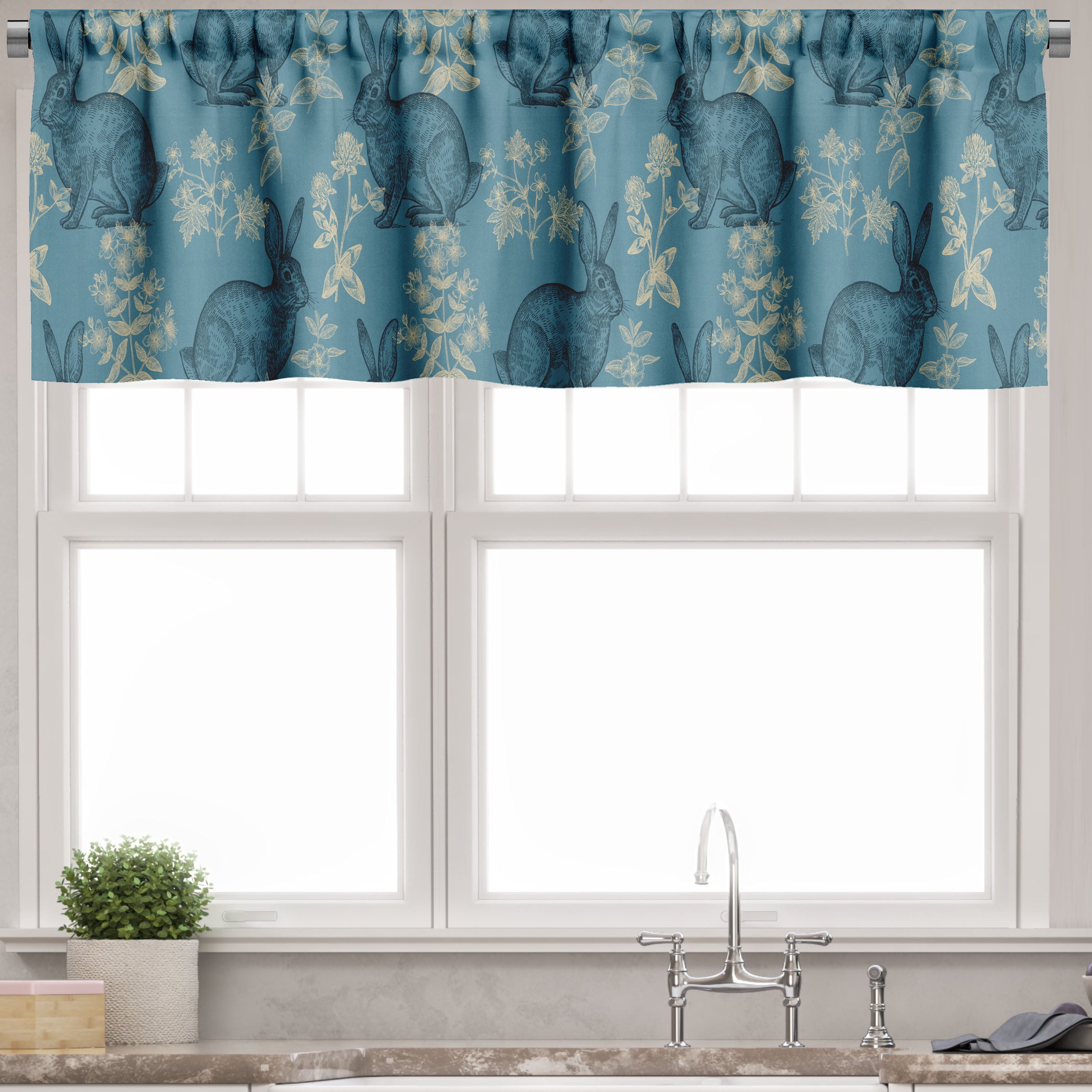 Ambesonne Nature Valance Pack of 2, Rabbits and Flowers Pattern, 42"X18 ...