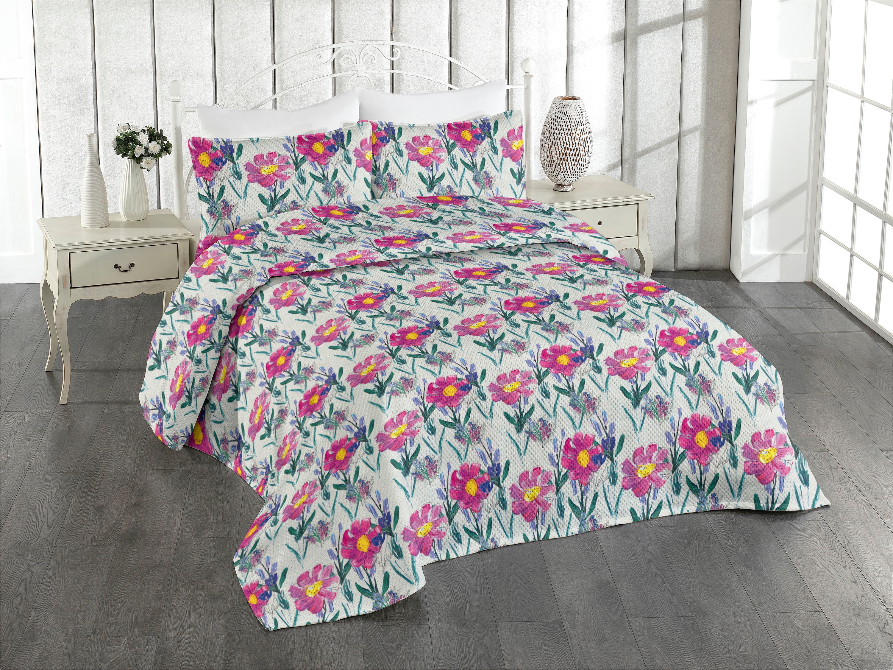 Ambesonne Nature Vibes Quilted Bedspread Set 3 Pcs, Leafy Lavender ...