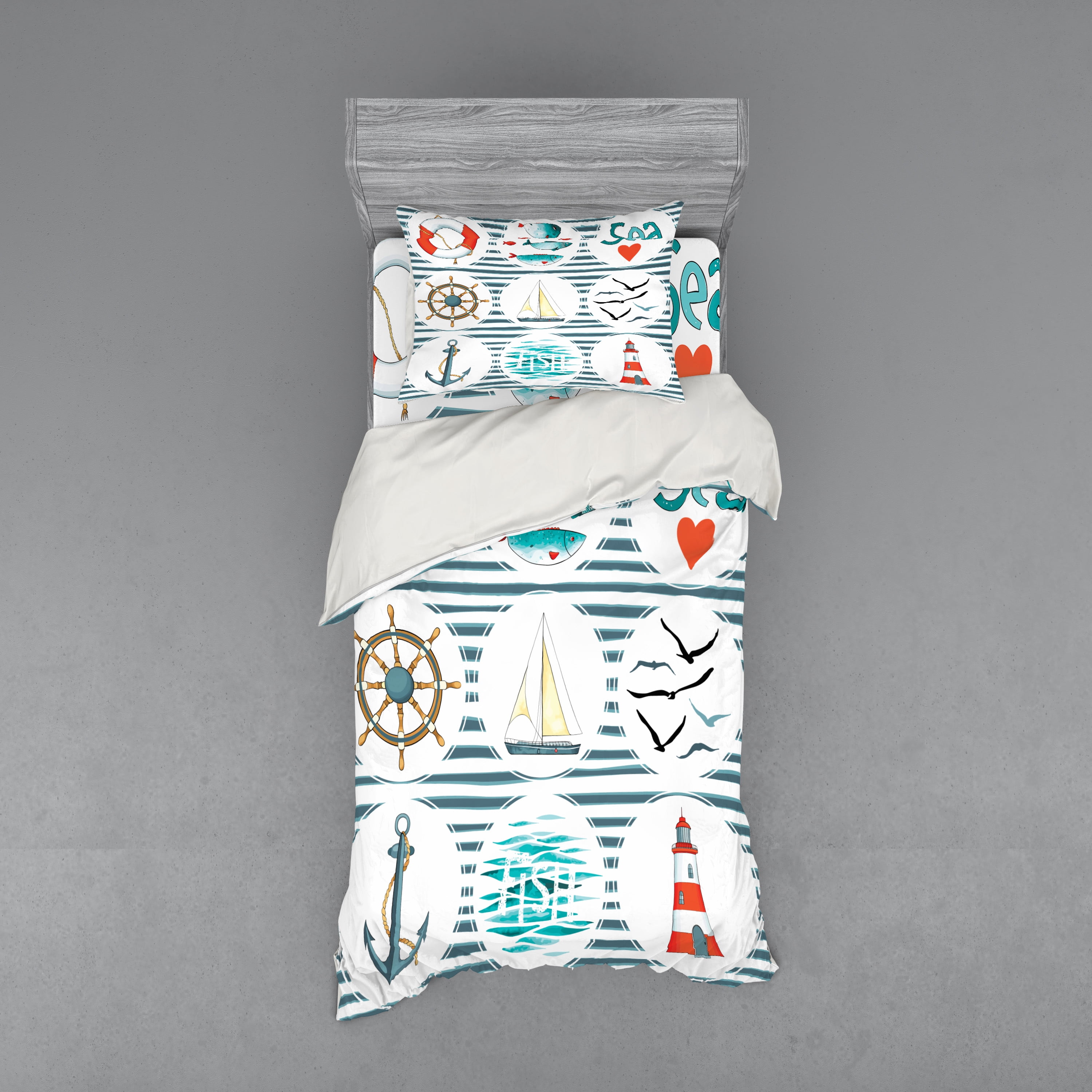 Ambesonne Nautical Bedding Set 3 Pcs, Marine Collage, Twin XL, White ...