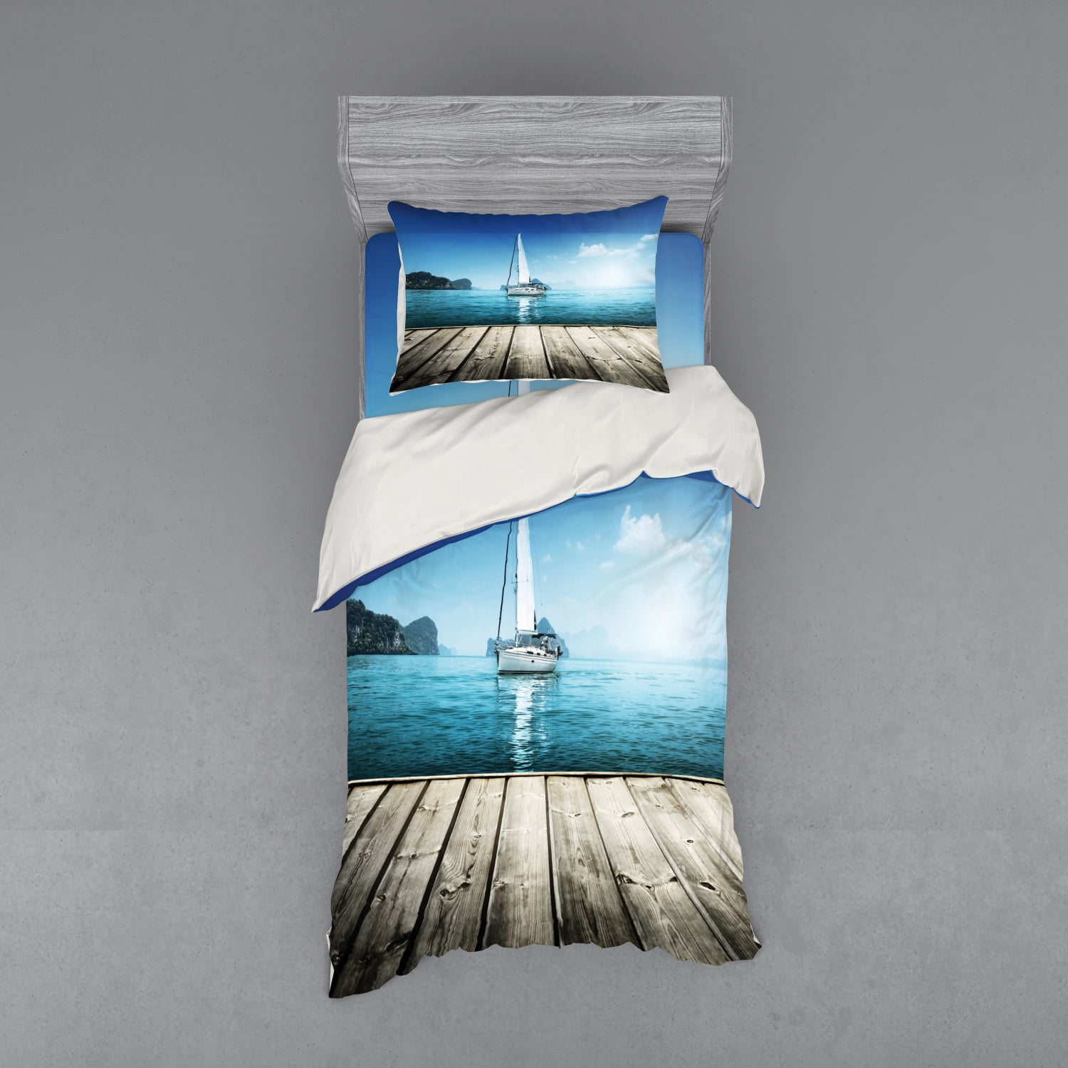 Ambesonne Nautical Bedding Set 3 Pcs, Yacht and Wooden Deck, Twin XL ...