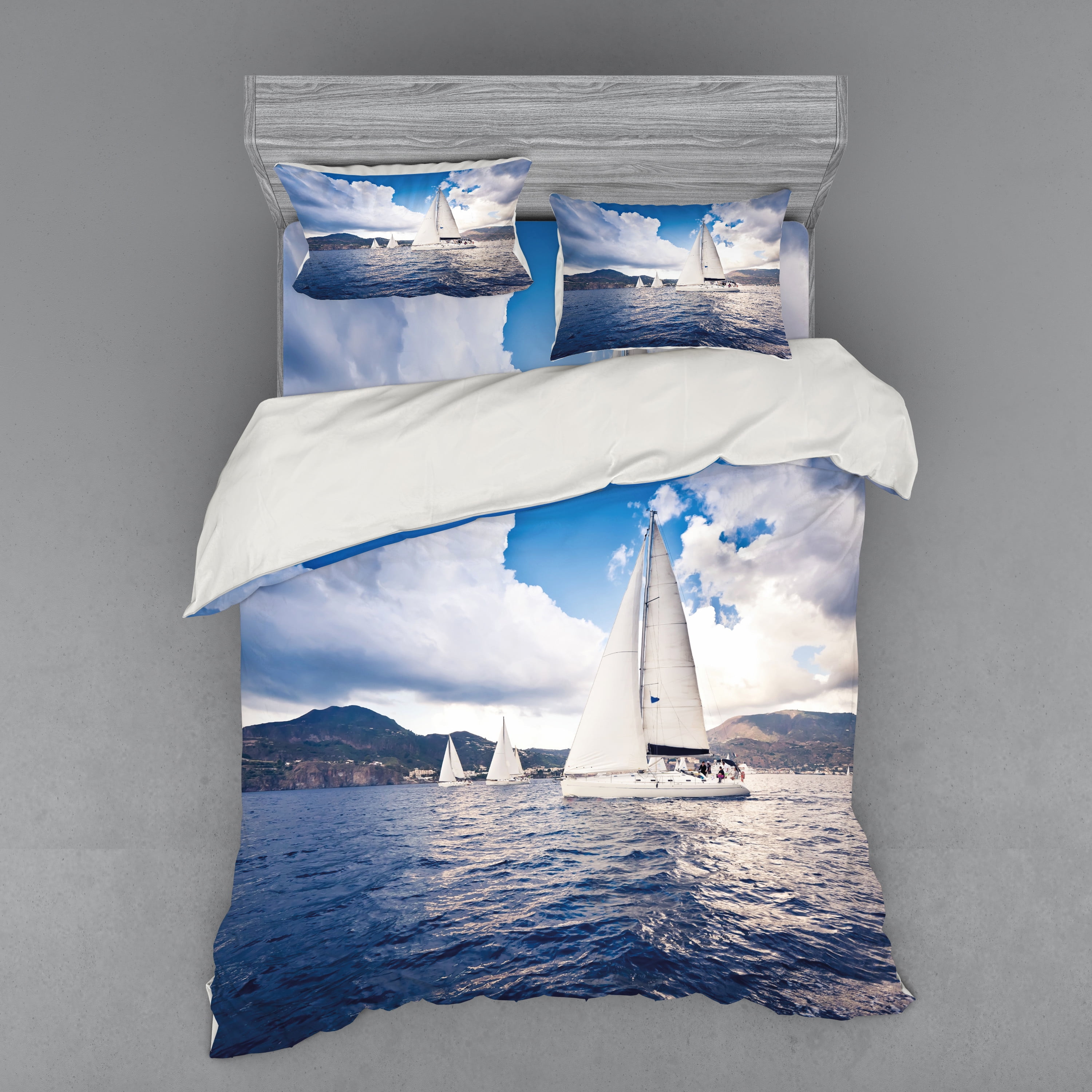 Ambesonne Nautical Bedding Set 4 Pcs, Sailing Boat on Sea, Queen, Blue ...