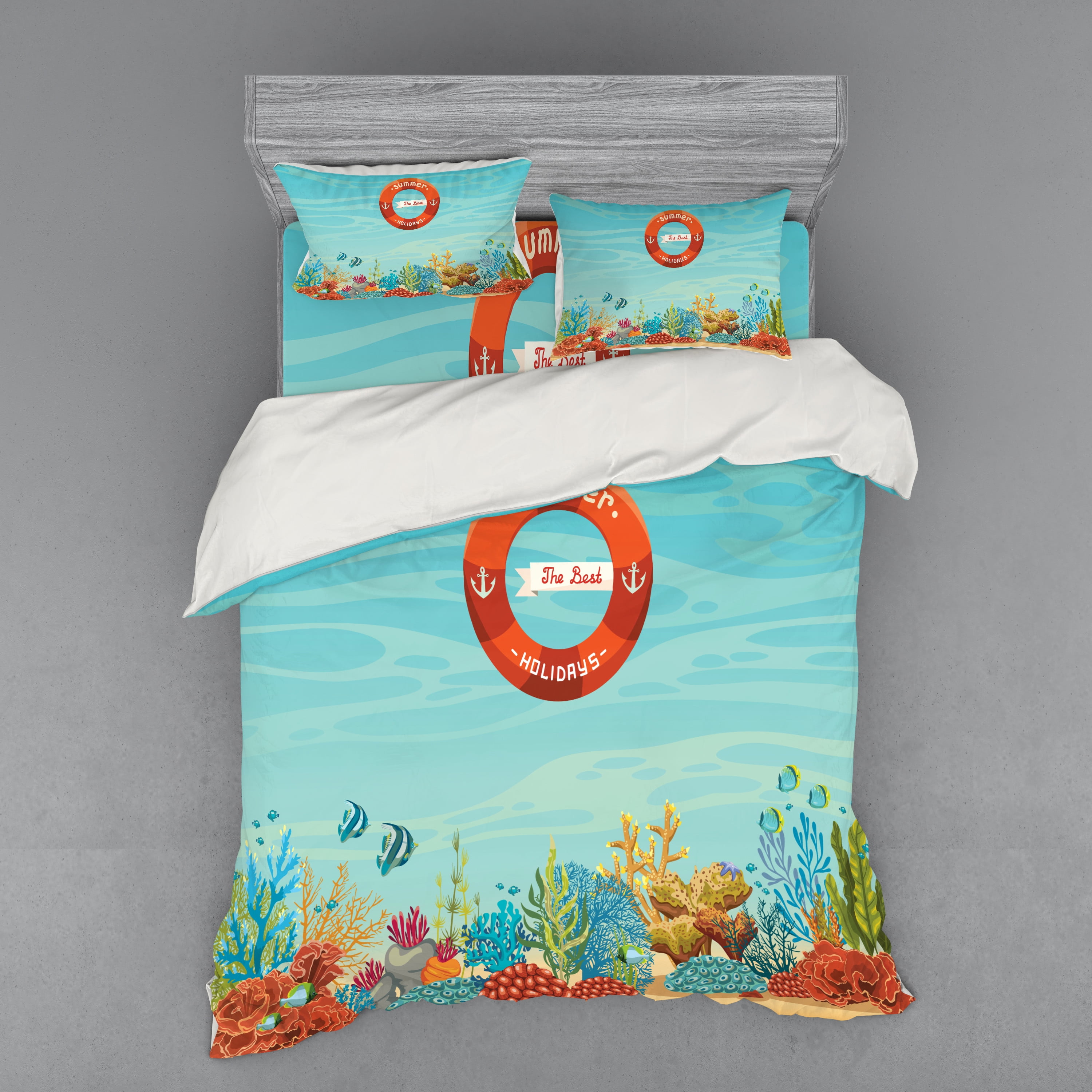 Ambesonne Nautical Bedding Set 4 Pcs, Summer Holidays Coral Reef, Queen ...