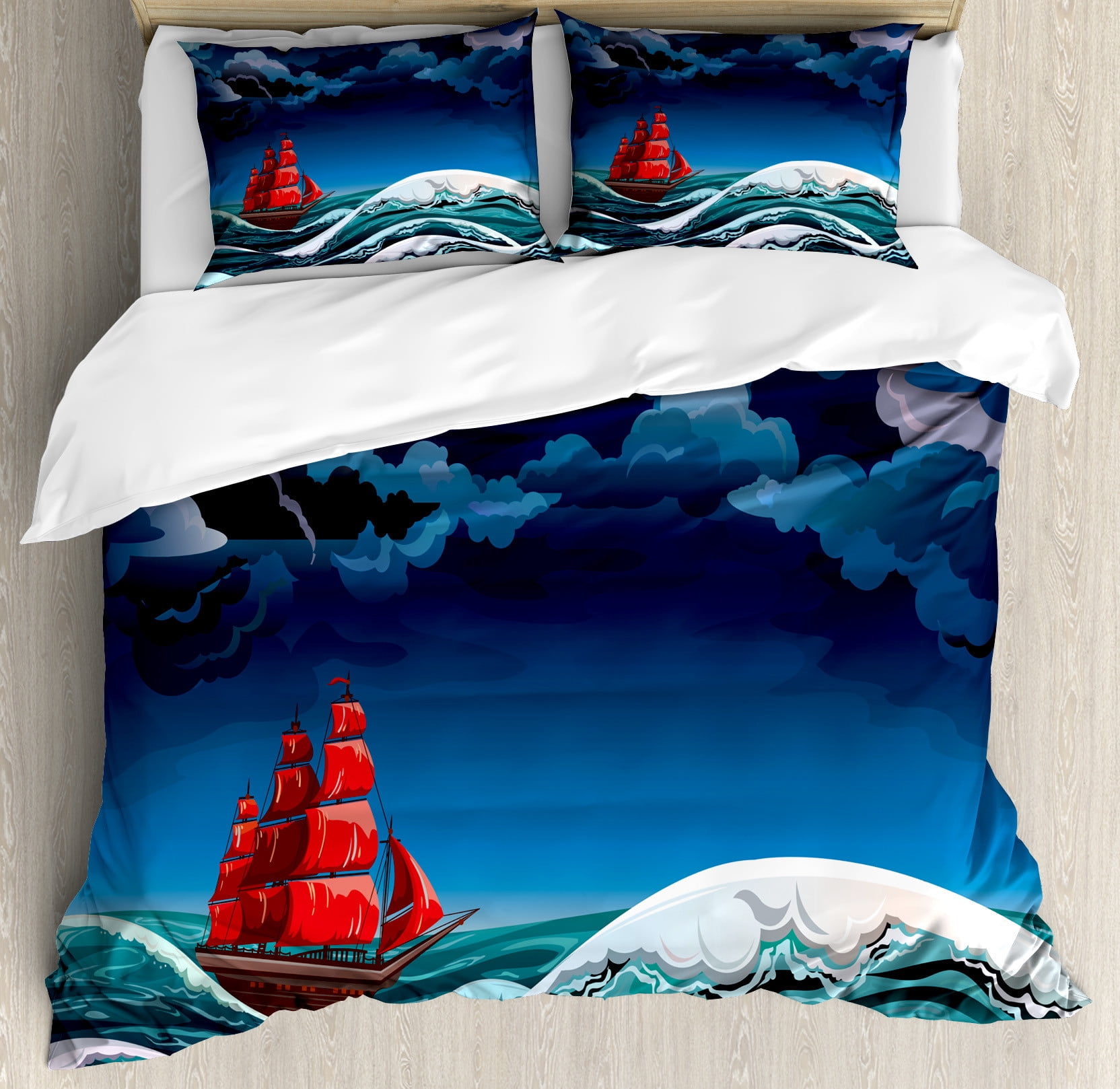 Ambesonne Nautical Duvet Cover Set, Cartoon Ship on Waves, 2-Calking, Blue Orange Plum - Walmart.com