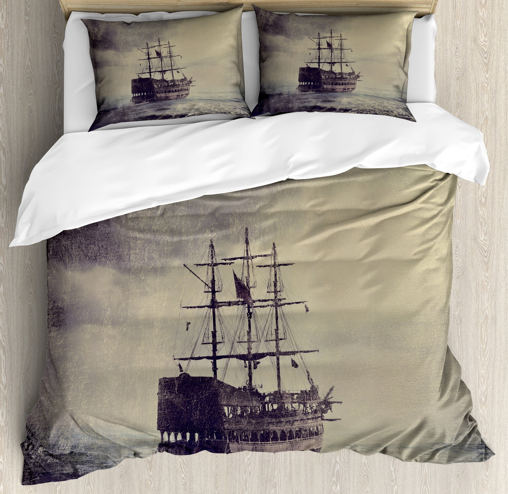 Ambesonne Nautical Duvet Cover Set, Old Pirate Ship in Sea, King, Plum ...