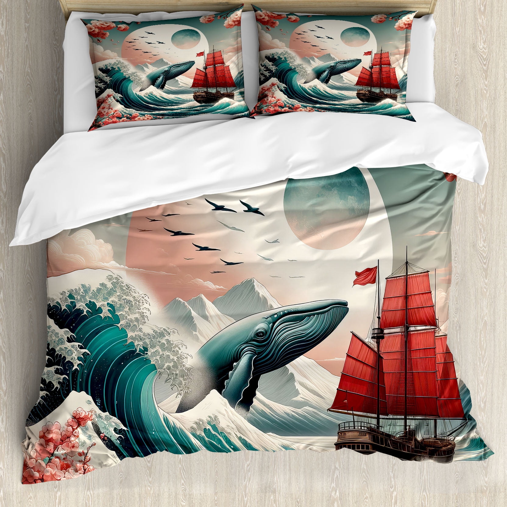 Ambesonne Nautical Duvet Cover Set, Whale Sakura Spring Ocean, King ...