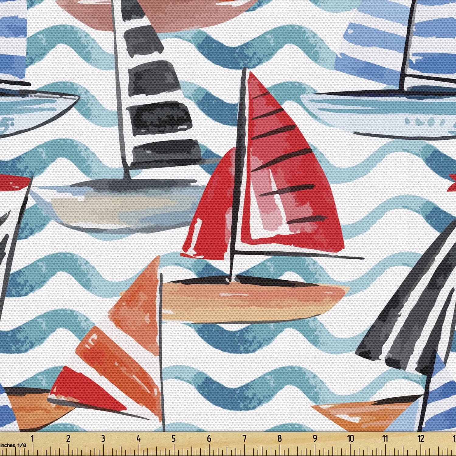 Ambesonne Nautical Fabric by the Yard Upholstery, Sea Waves Boats ...