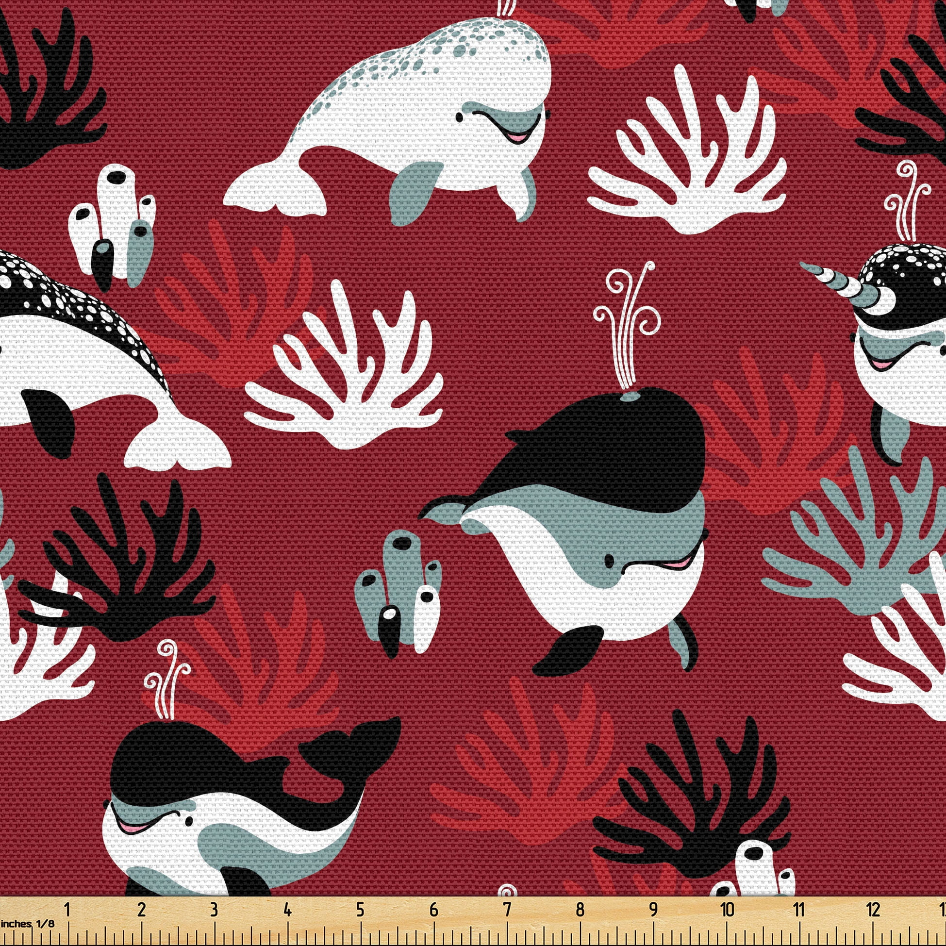 Ambesonne Nautical Fabric by the Yard Upholstery, Whale with Coral ...