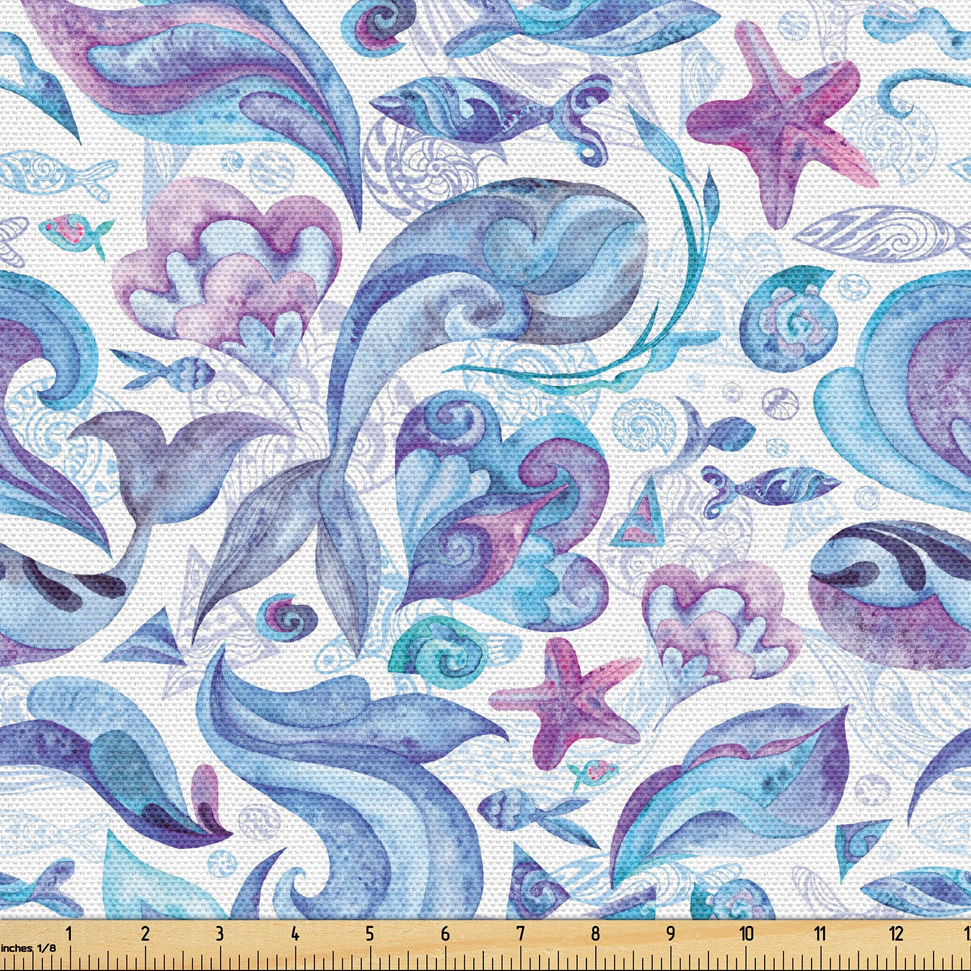 Ambesonne Nautical Fabric by the Yard Upholstery, Whales Starfishes ...